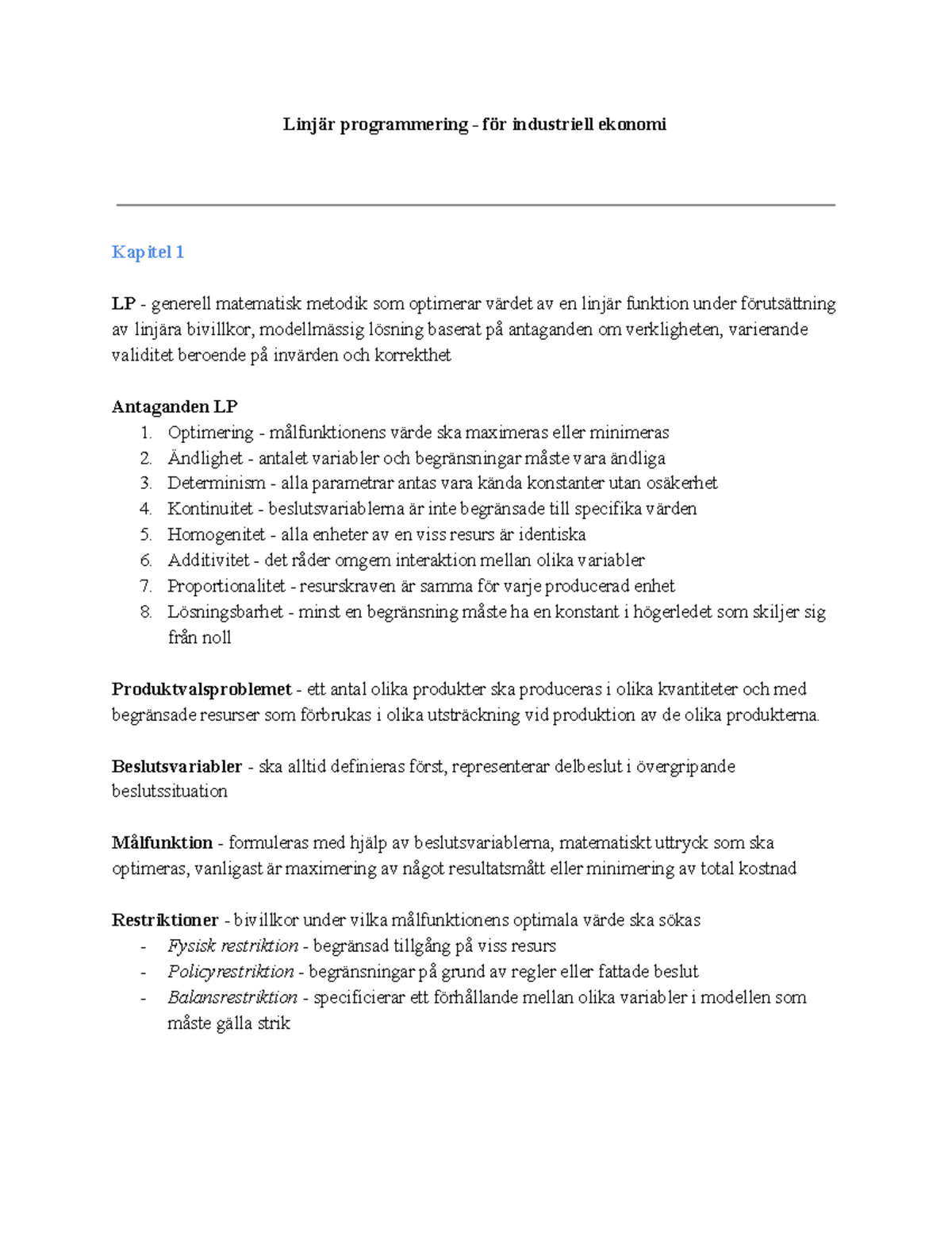 Anteckningar - sammanfattning - Linjär programmering - för industriell ekonomi Kapitel 1 LP ...