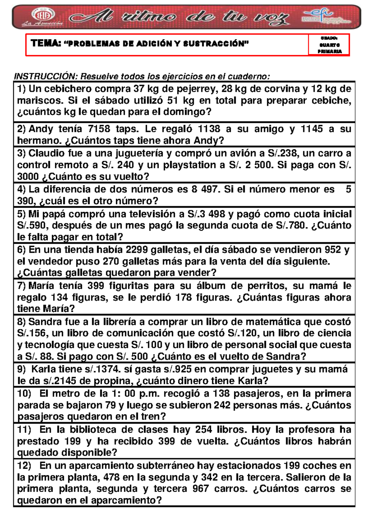 Practica Matemática Problemas DE SUMA Y Resta Cuarto 2024 11 ...
