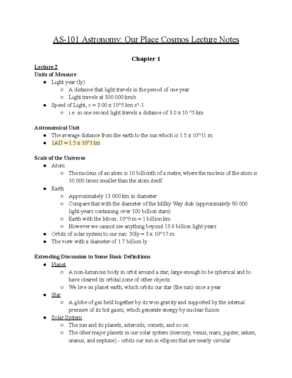 AS-101 Astronomy: Our Place in Cosmos Lecture Notes Chapt. 1-3 - AS-101 ...