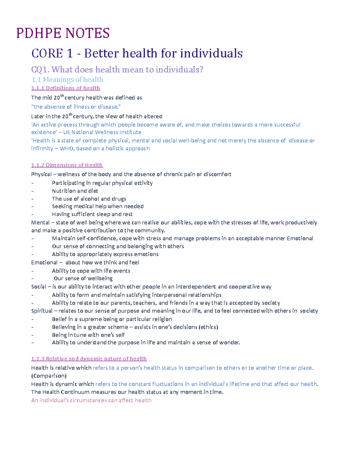 Pdhpe Notes - PDHPE NOTES CORE 1 - Better health for individuals CQ1 ...