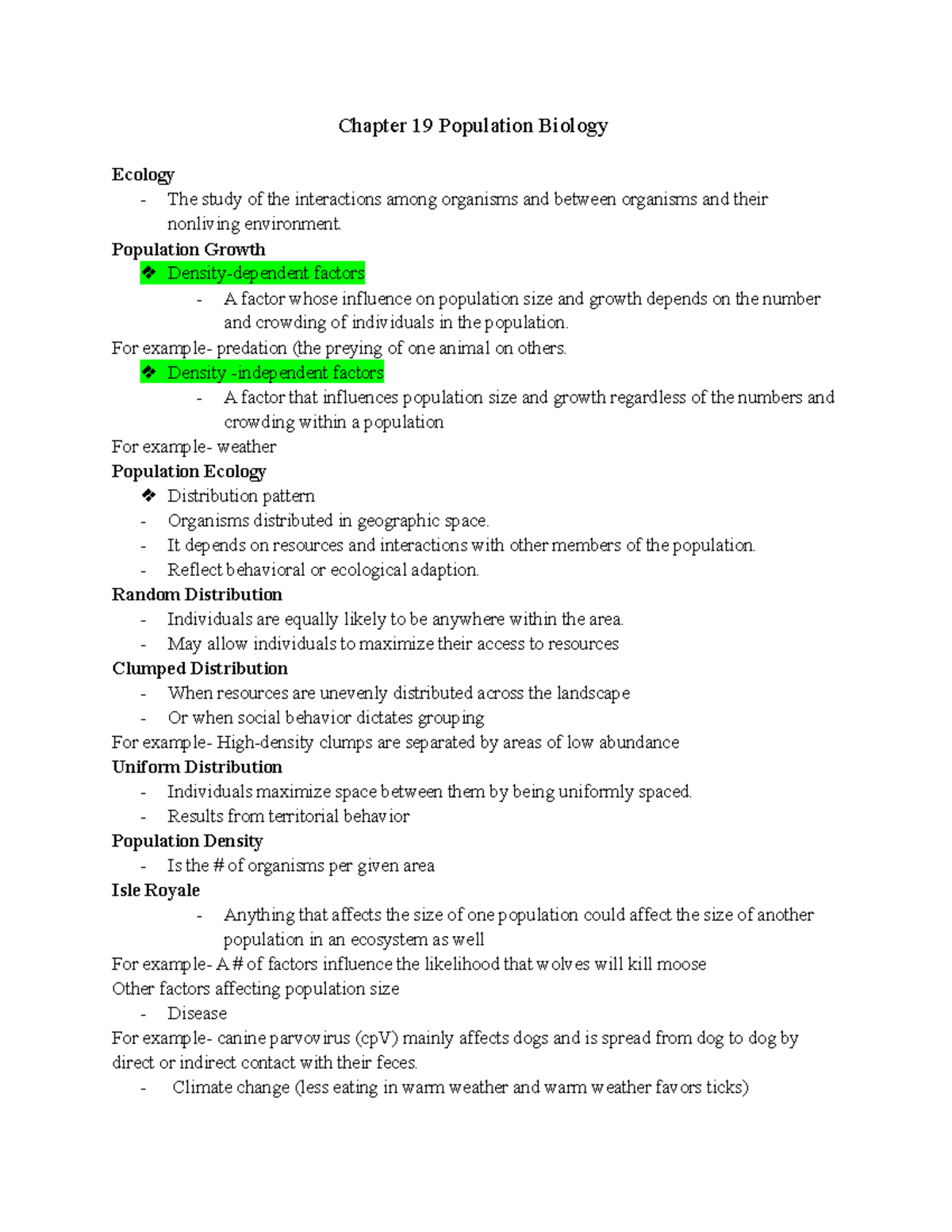 Ch.19 Biology Notes - Chapter 19 Population Biology Ecology - The study ...