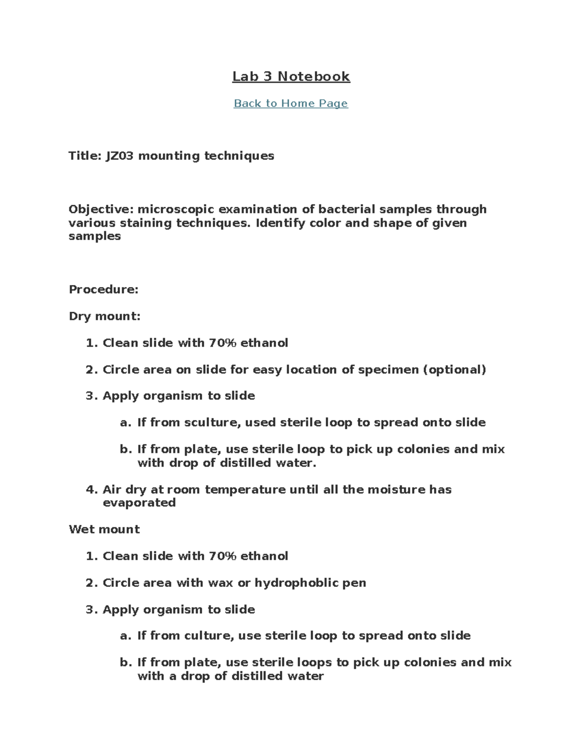 Lab 3 - lab 3 - Lab 3 Notebook Back to Home Page Title: JZ03 mounting techniques Objective ...