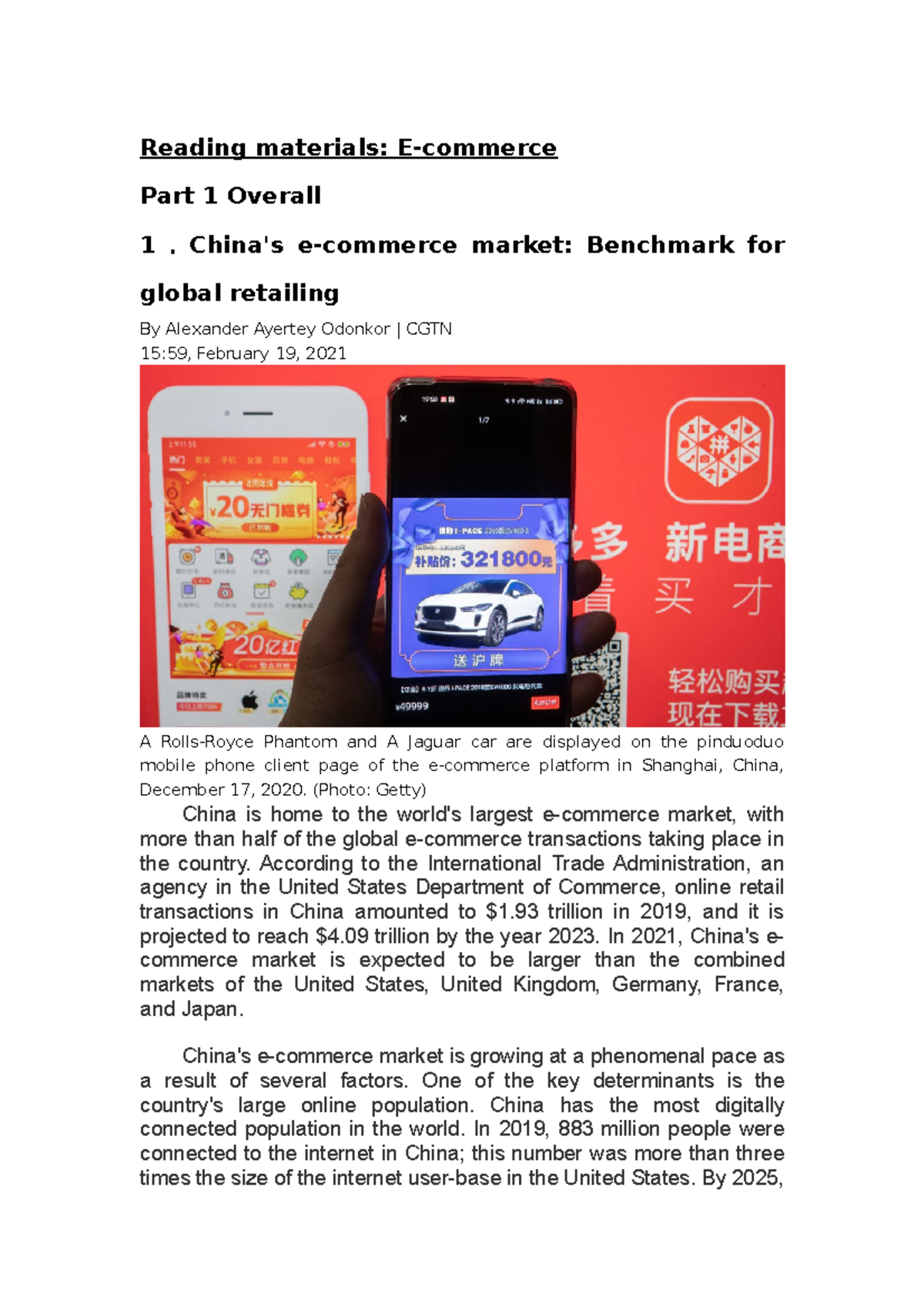 Reading material E-commerce - Reading materials: E-commerce Part 1 ...