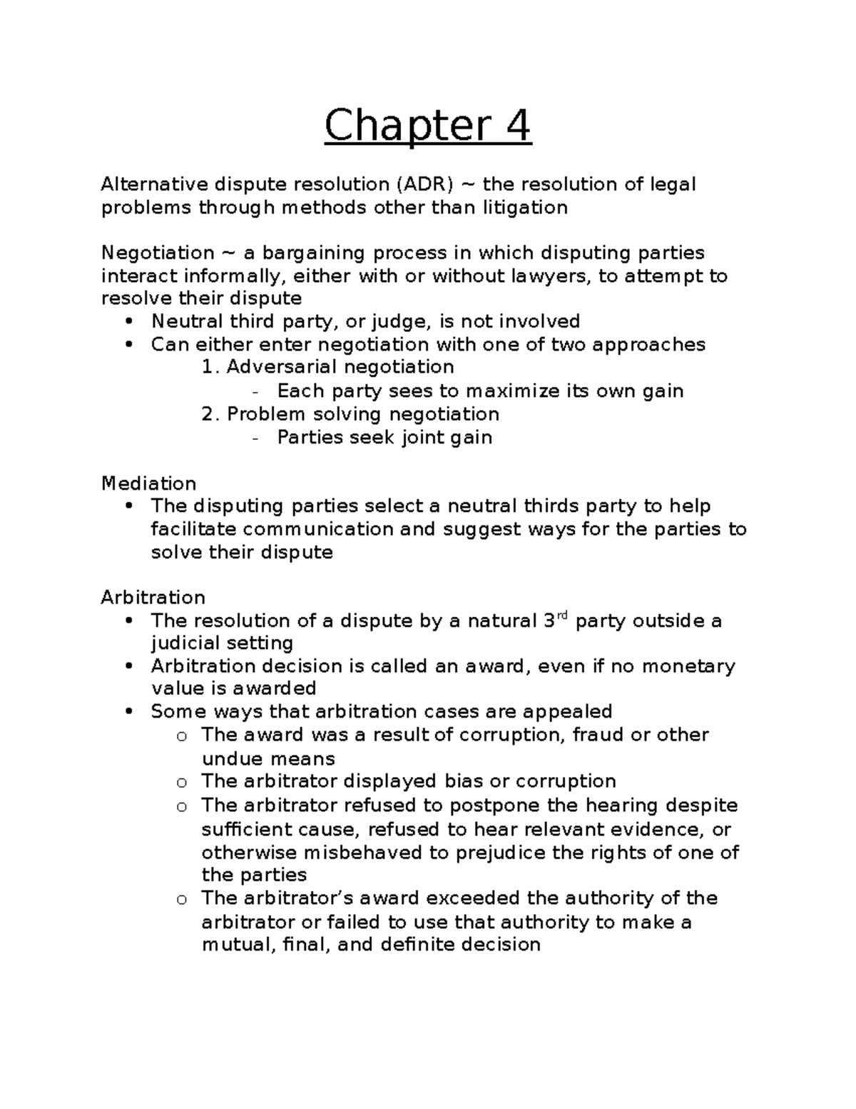 Chapter 4 - Notes - Chapter 4 Alternative dispute resolution (ADR ...