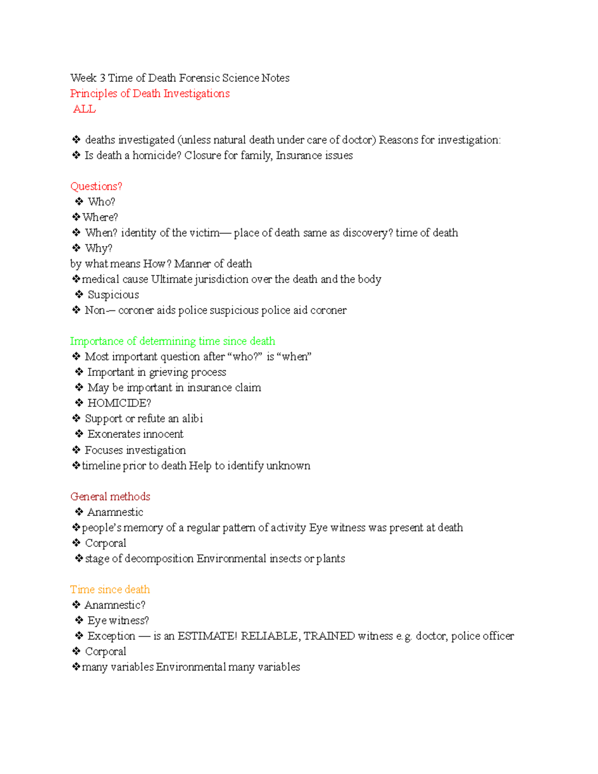 Week 3 Time of Death Forensic Science Notes - doctor, police officer ...