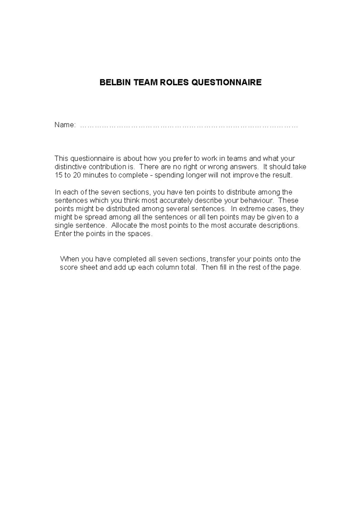 Belbin-questionnaire - BELBIN TEAM ROLES QUESTIONNAIRE Name ...