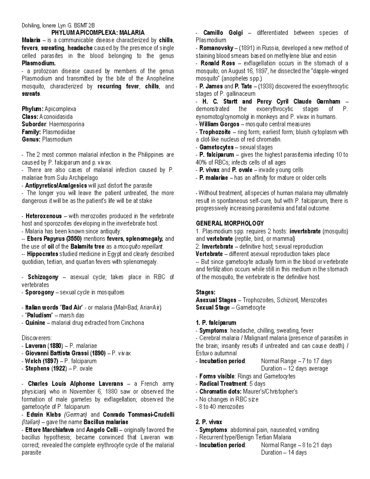 Phylum Apicomplexa- Malaria ( Outline) - PHYLUM APICOMPLEXA: MALARIA ...