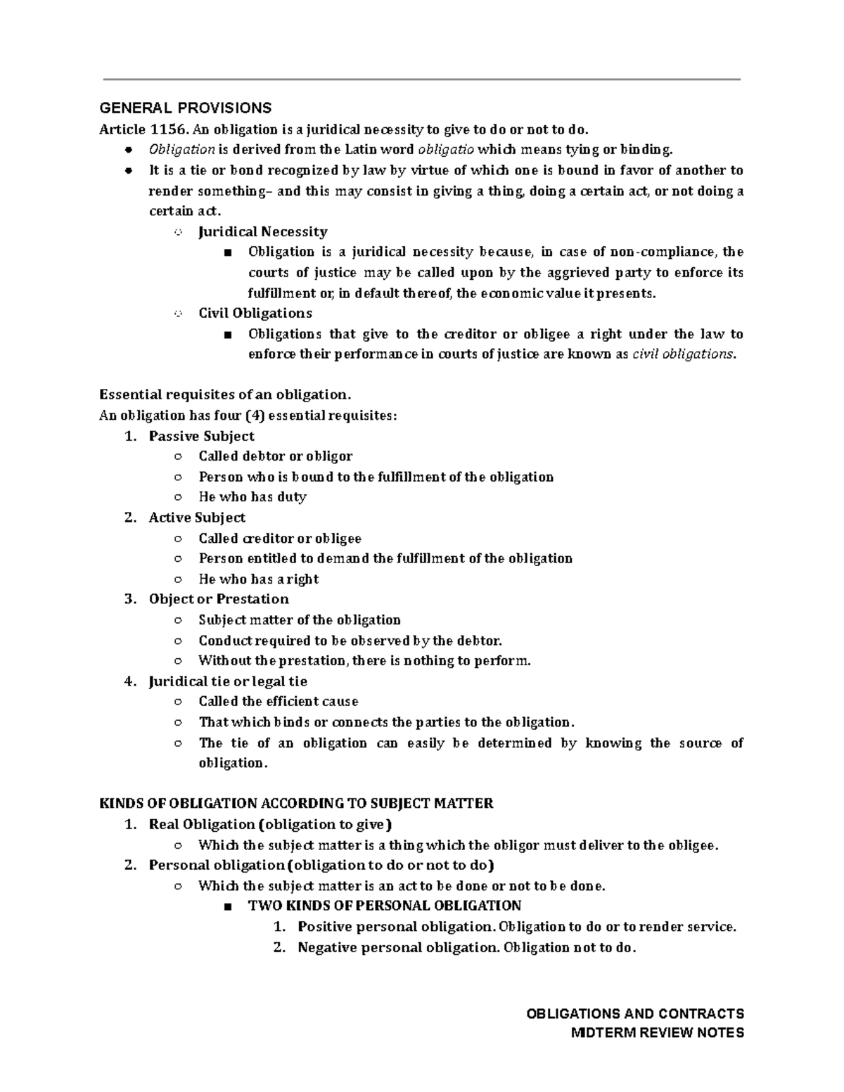 Midterm- Review Notes - GENERAL PROVISIONS Article 1156. An obligation ...