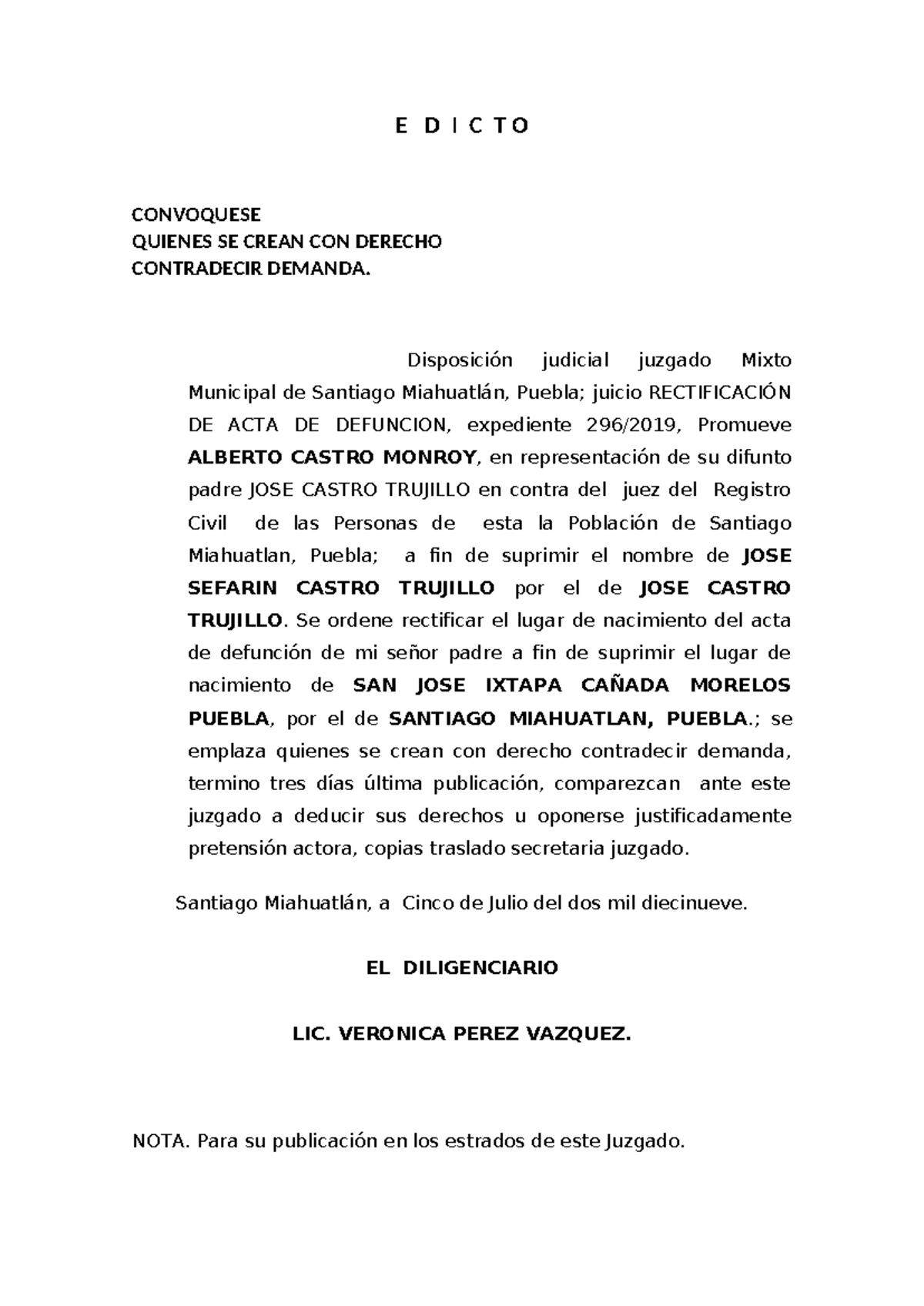 E D I C T O - EJEMPLO DE EDICTO PARA RECTIFICACION DE ACTA DE ...