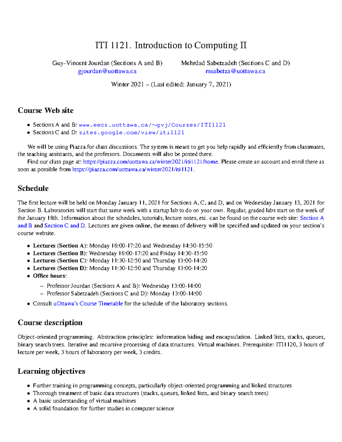 ITI1120- Syllabus of the course. Intro into computing . - ITI 1121. Introduction to Computing II ...