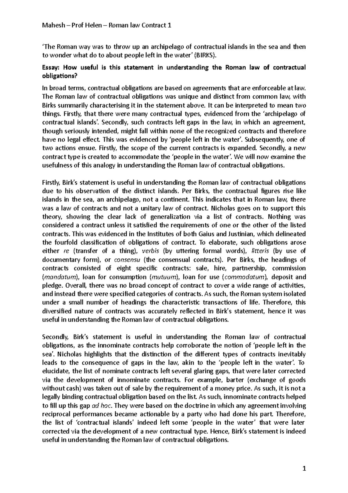 Roman Essay on Contract - ‘The Roman way was to throw up an archipelago ...