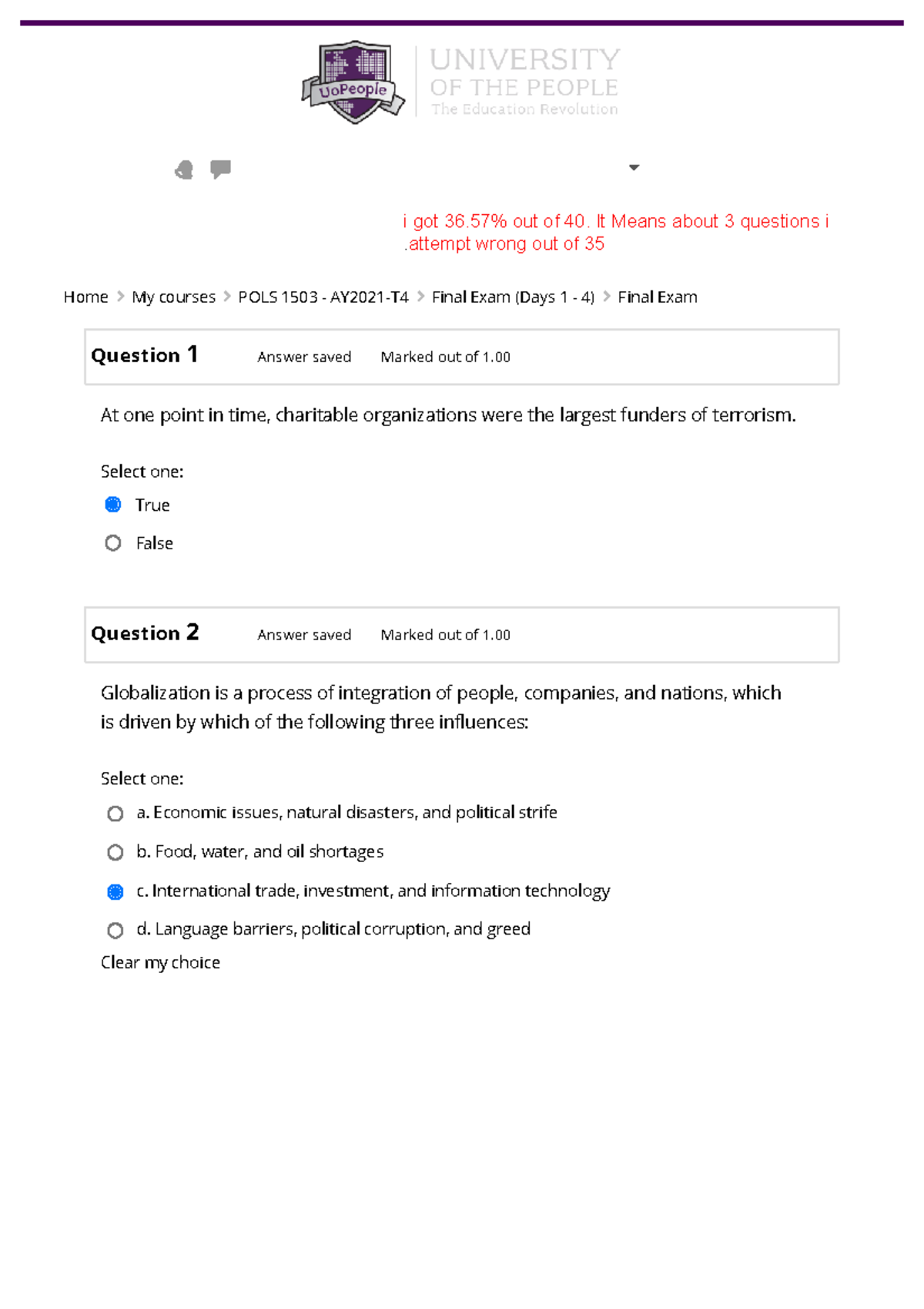 Final Exam POLS 1503 ALL Pages 2021 1 - Question 1 Answer saved Marked ...
