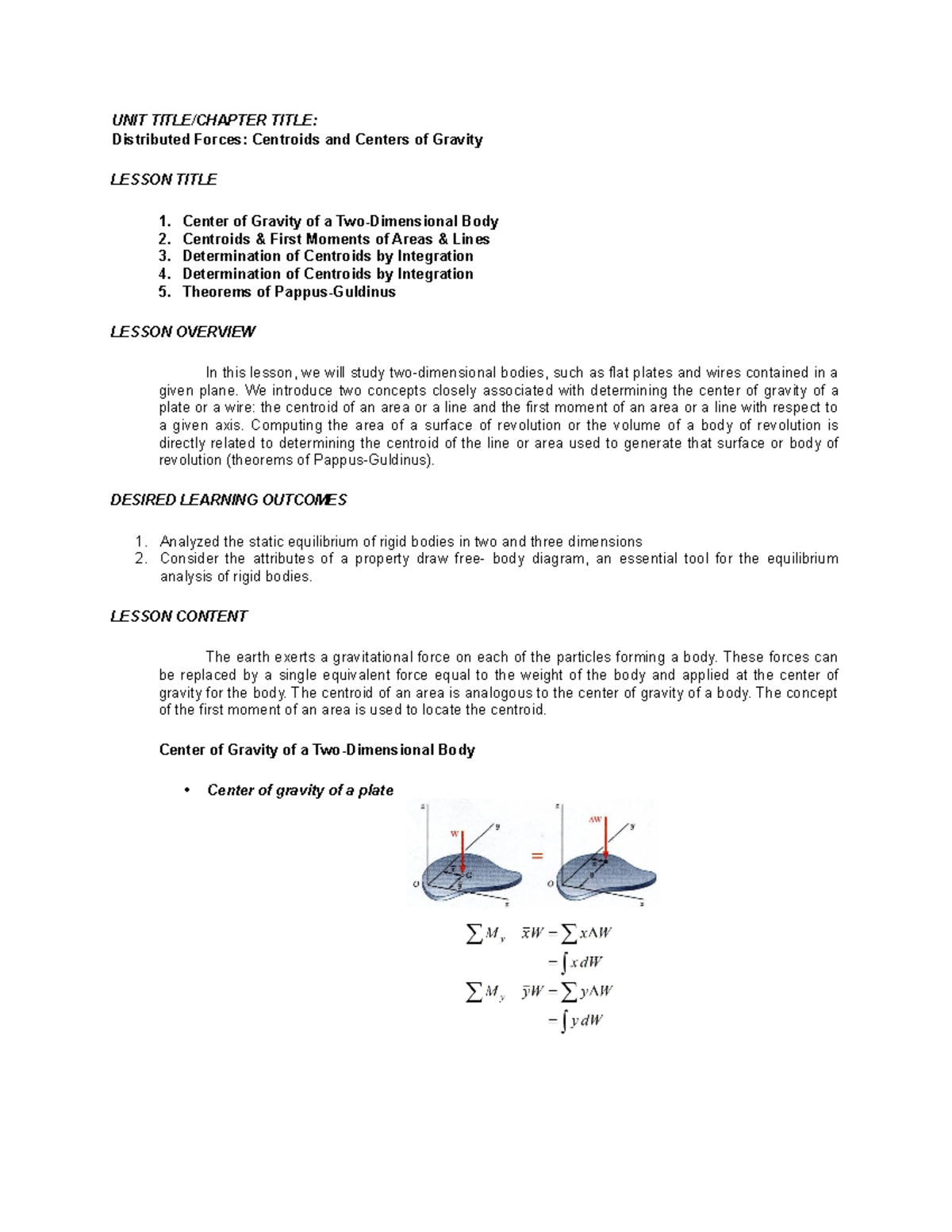 Engineering Mechanics- Distributed Forces - UNIT TITLE/CHAPTER TITLE ...