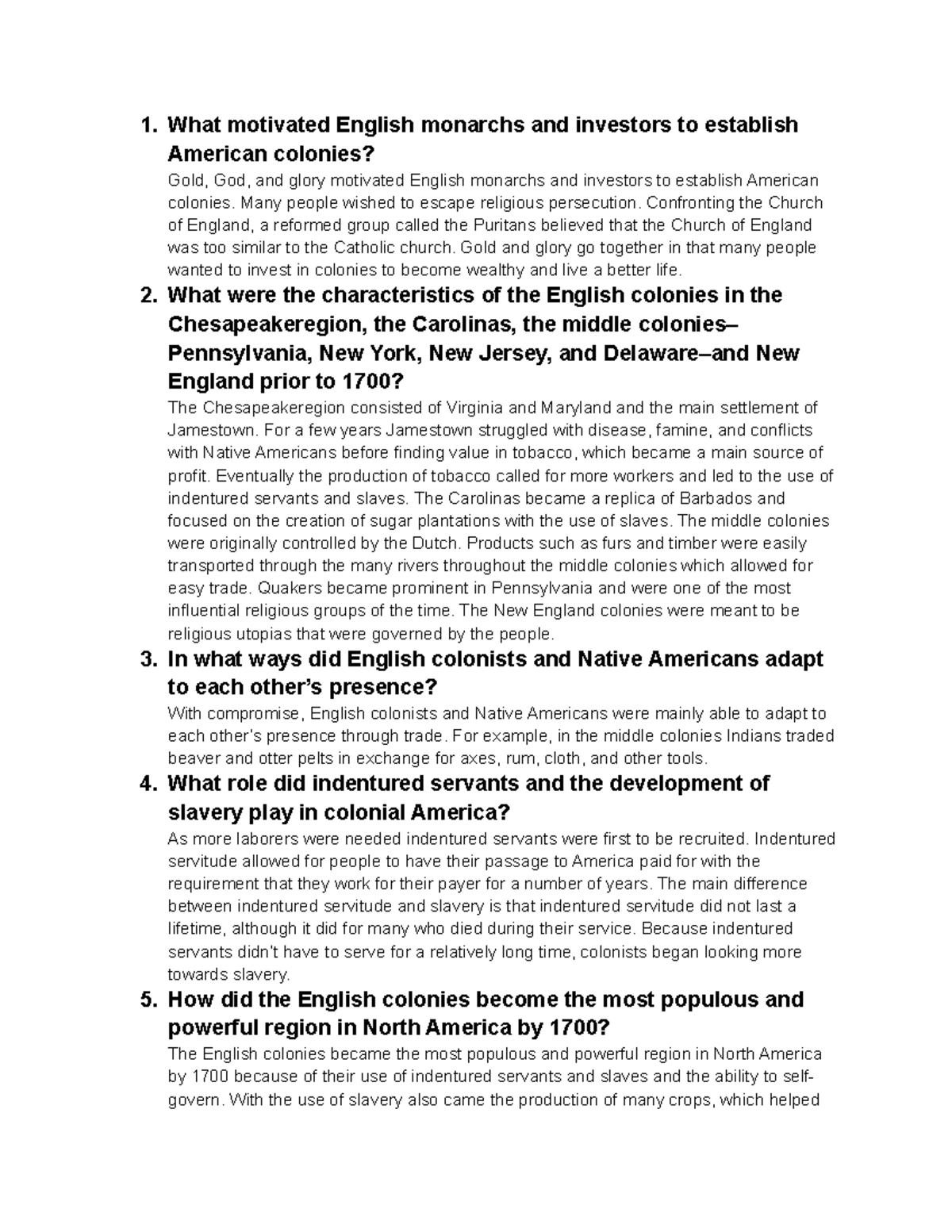 Hist ch2 focus questions - 1. What motivated English monarchs and investors to establish ...