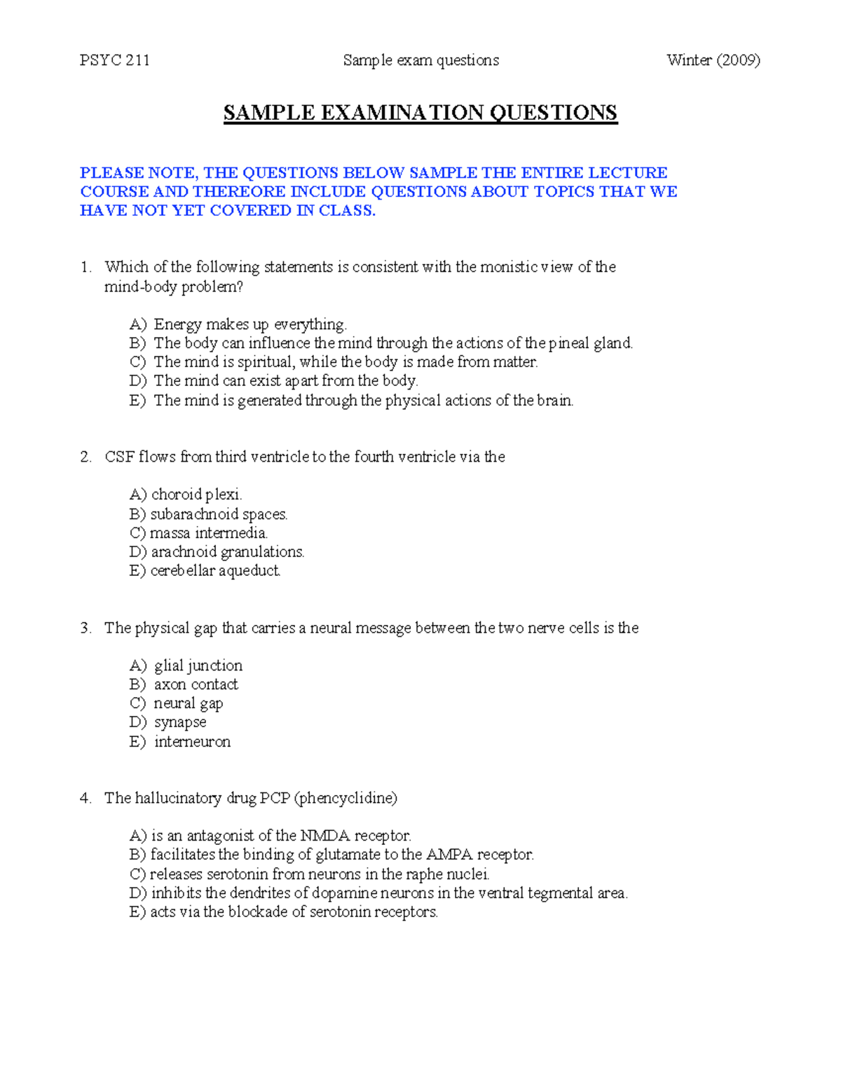 Sample/practice exam December 2009, questions and answers - SAMPLE ...