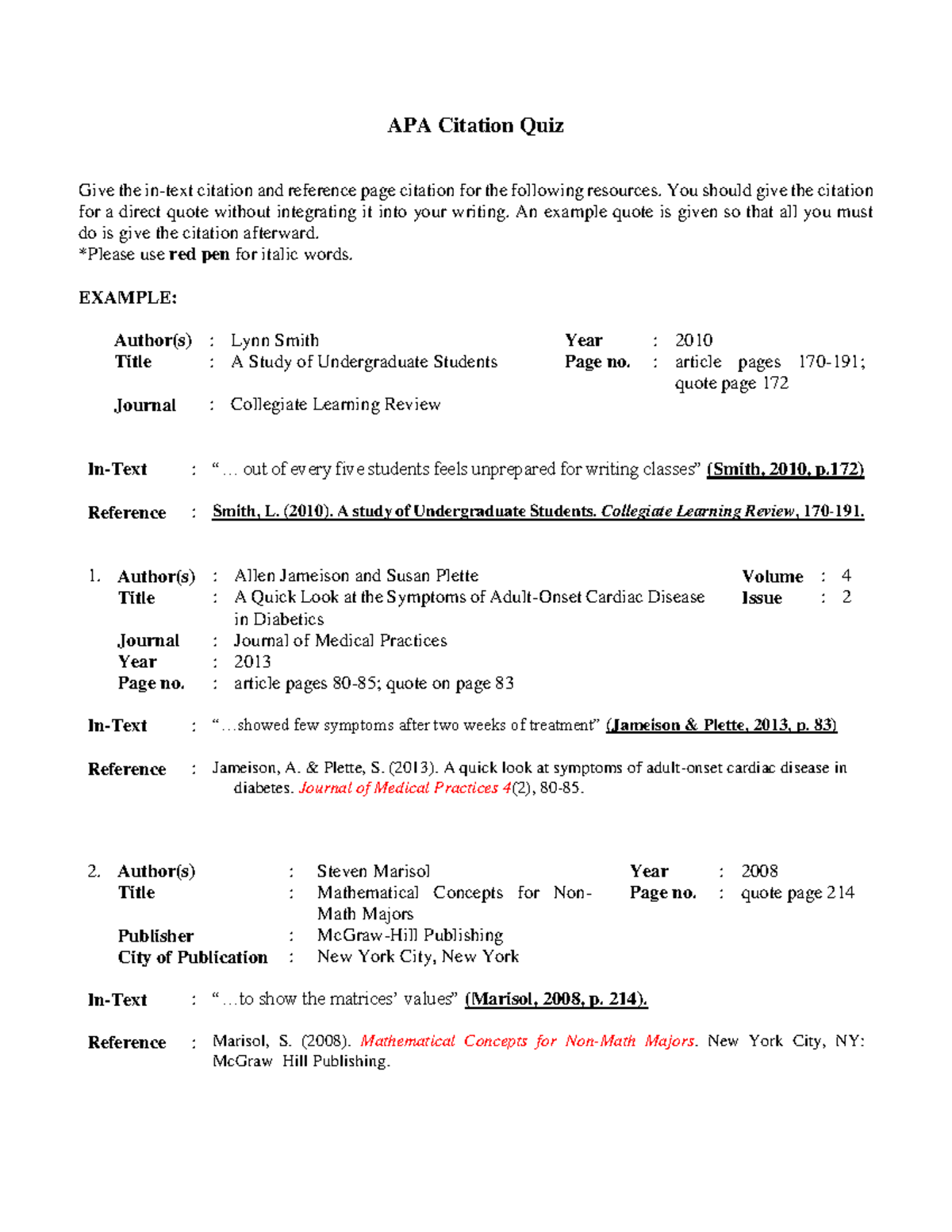 Ilide - APA Citation Quiz Give the in-text citation and reference page ...