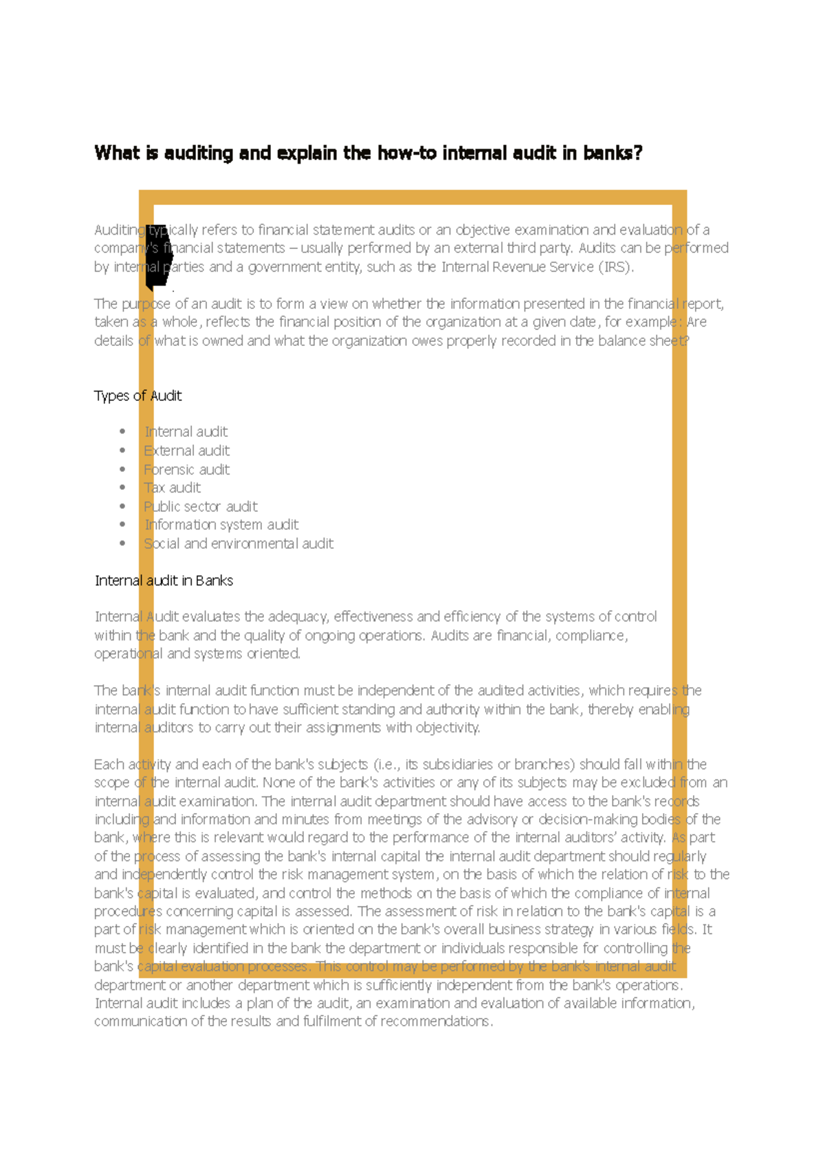 Assignment - What is auditing and explain the how-to internal audit in ...