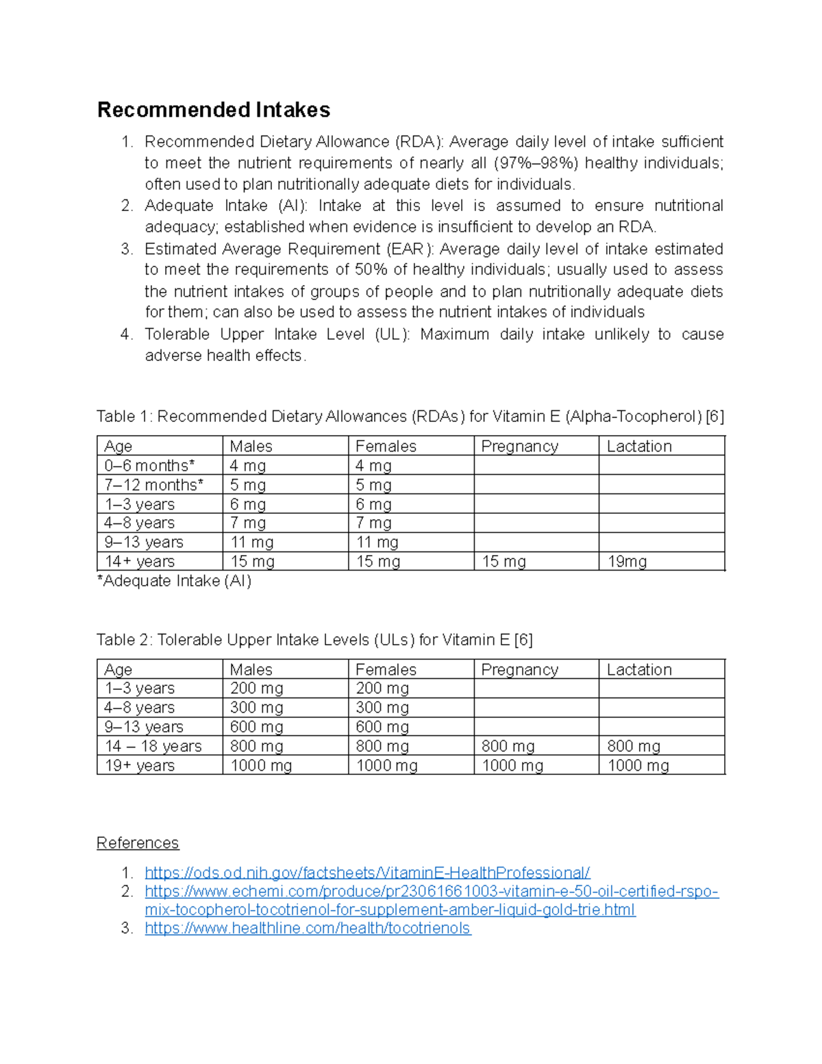 Recommended Intakes - VITAMIN E - Recommended Intakes 1. Recommended ...