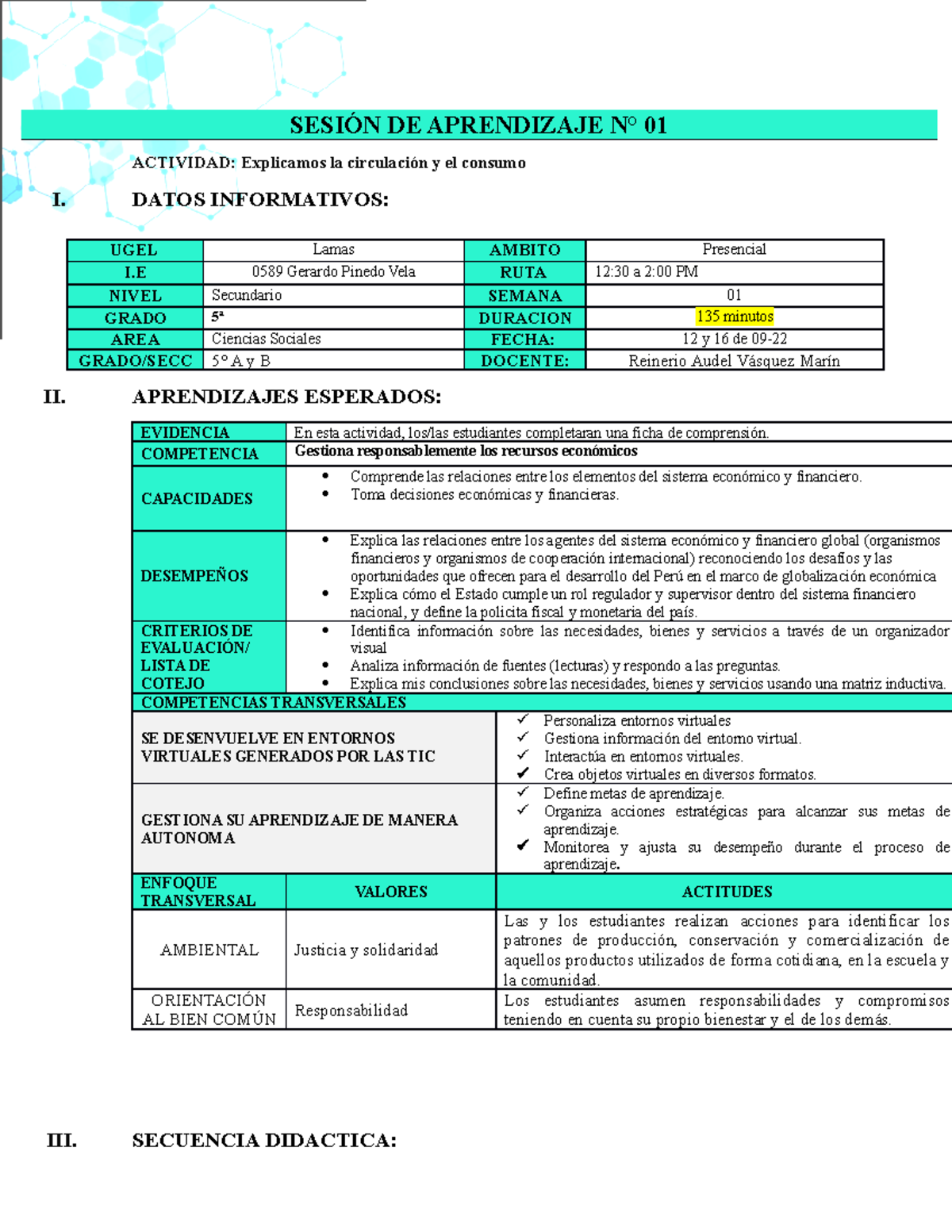Sesion 1 CCSS EDA 4 - SESIÓN DE APRENDIZAJE N° 01 ACTIVIDAD: Explicamos la circulación y el ...