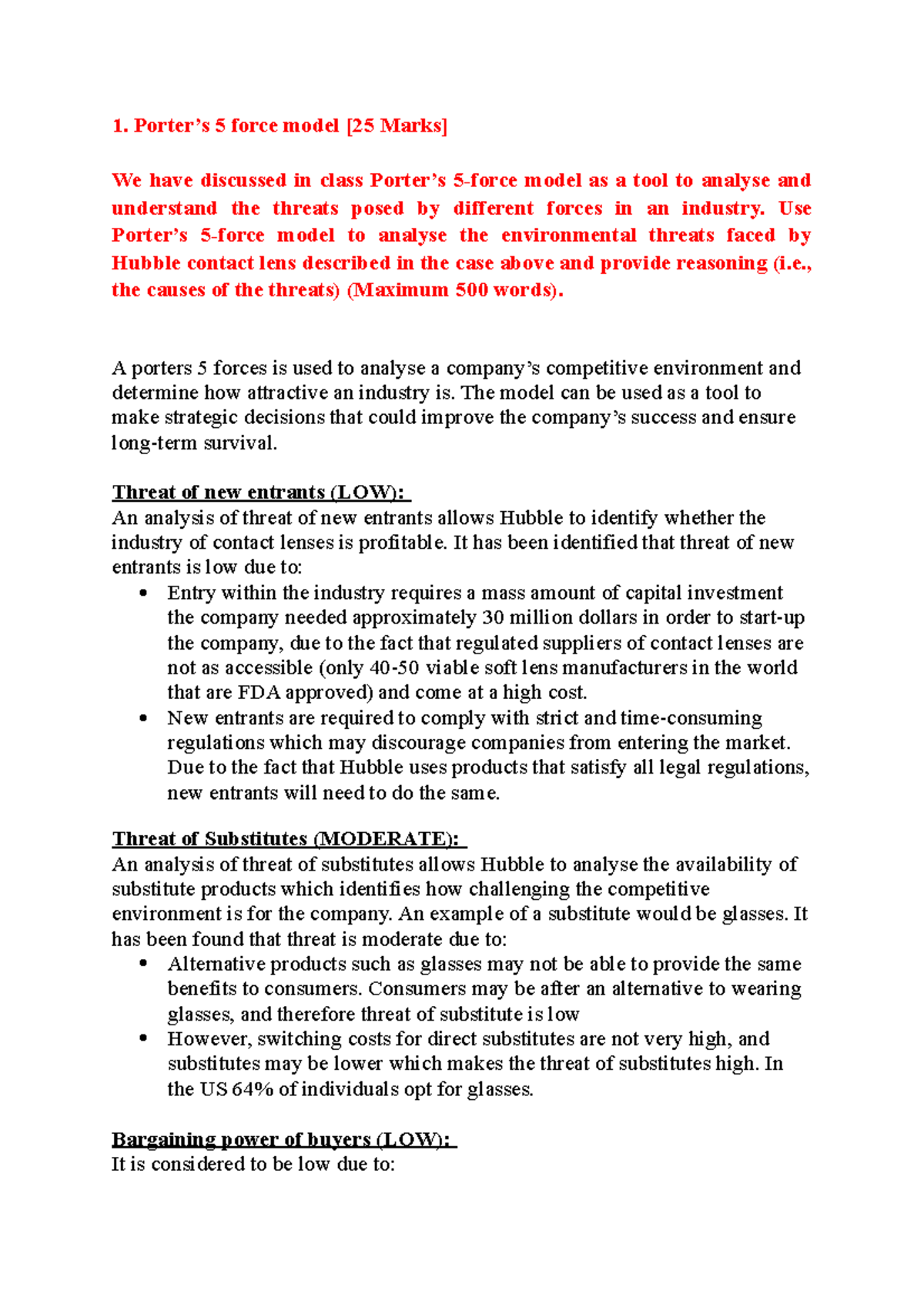 Exam MPS Final Examination - 1. Porter’s 5 force model [25 Marks] We ...