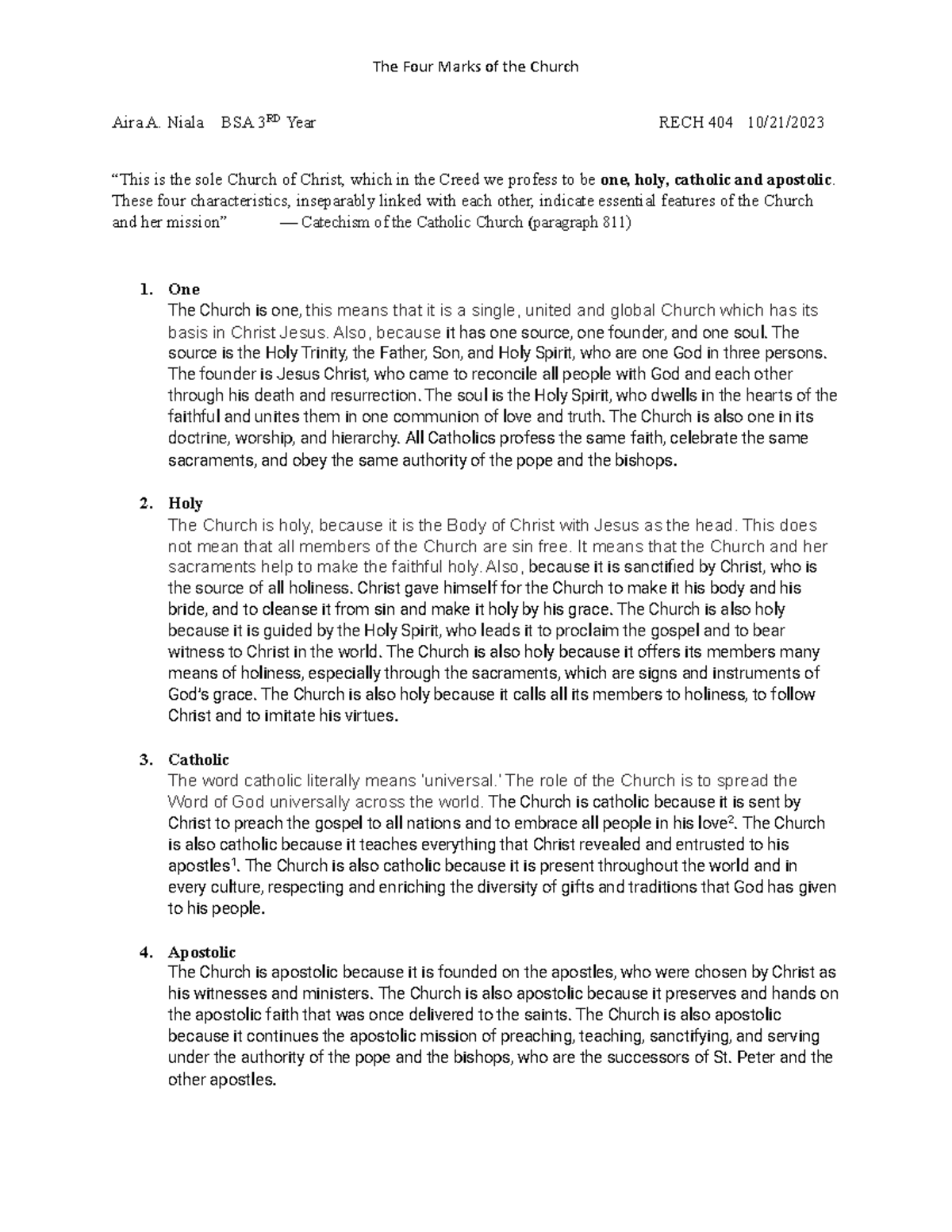 RECH 404 four marks of the church - The Four Marks of the Church Aira A ...