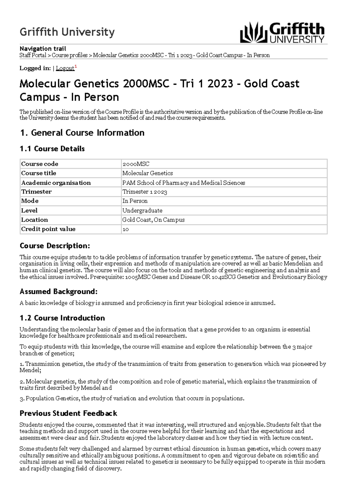 Griffith University Course profiles Molecular Genetics 2000 MSC - Tri 1 ...