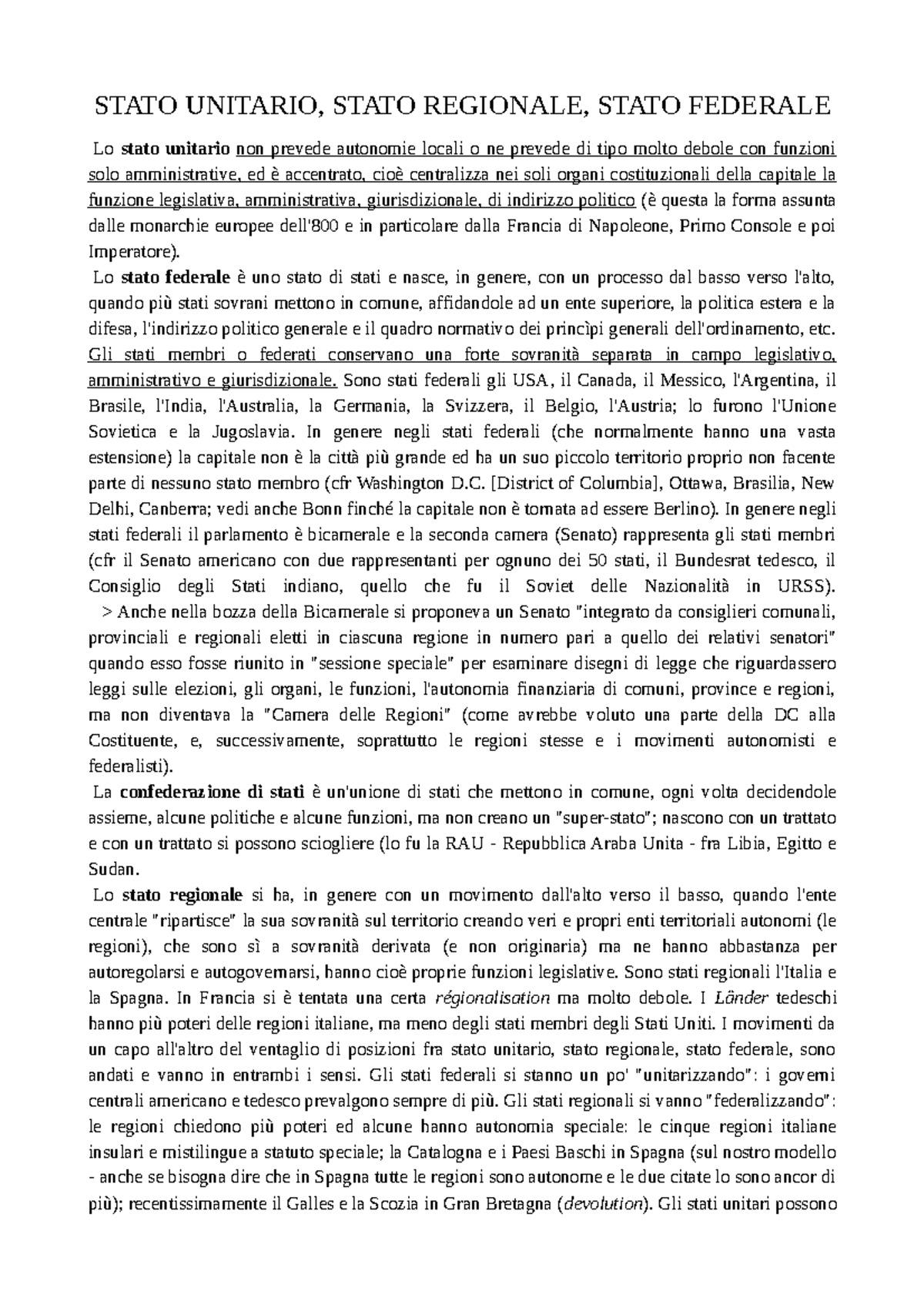 Le forme di Stato - STATO UNITARIO, STATO REGIONALE, STATO FEDERALE Lo ...