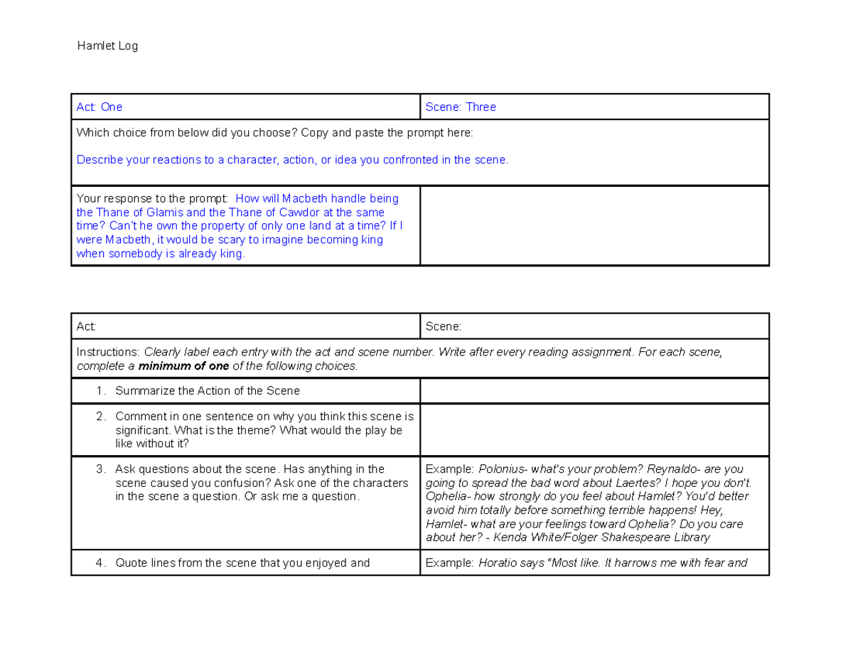 Macbeth Log Act 1 Scene 3 - Hamlet Log Act: One Scene: Three Which ...