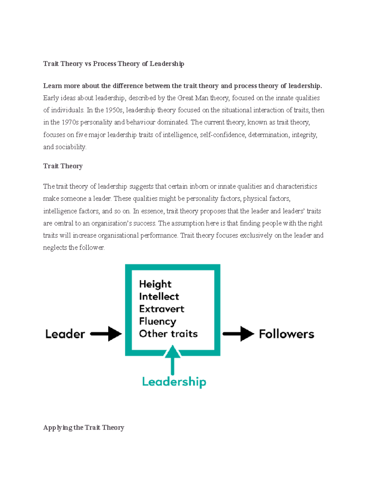 Trait Versus process leadership copy - Trait Theory vs Process Theory ...