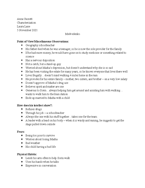 Trigorin Analysis - Anna Gassett Characterization Laura Lane 8 November ...