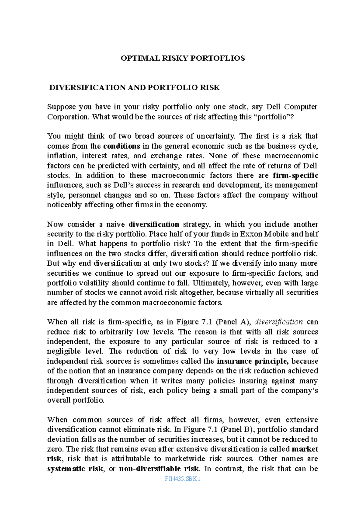 Quick note-markowitz - Lecture notes 2 - OPTIMAL RISKY PORTOFLIOS ...