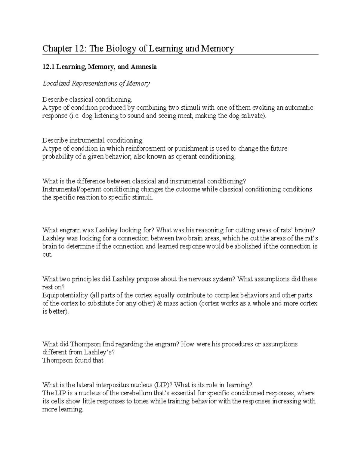 Study Guide - Chapter 12 - Chapter 12: The Biology of Learning and ...