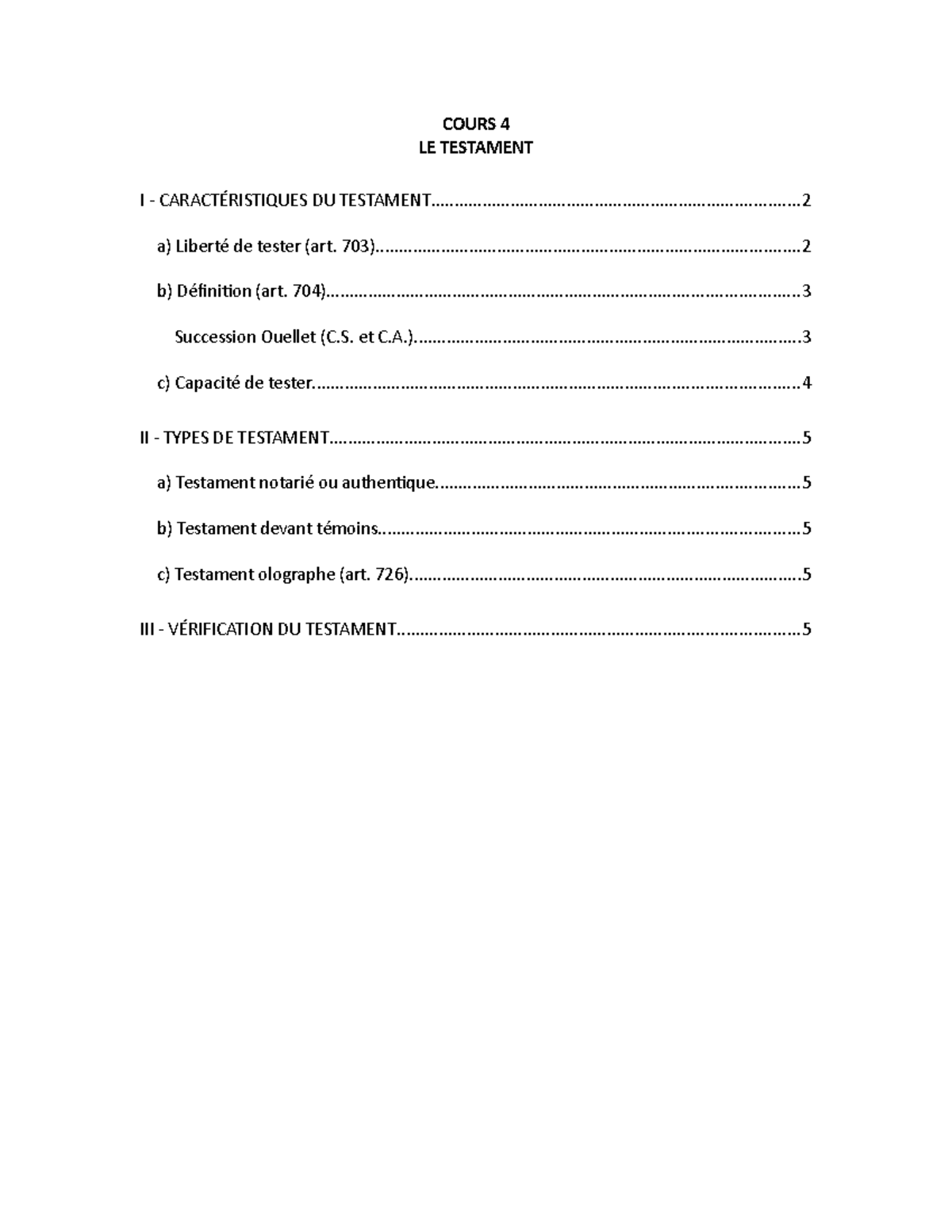 Cours 4 - Droit des successions - LE TESTAMENT - **COURS** I ...