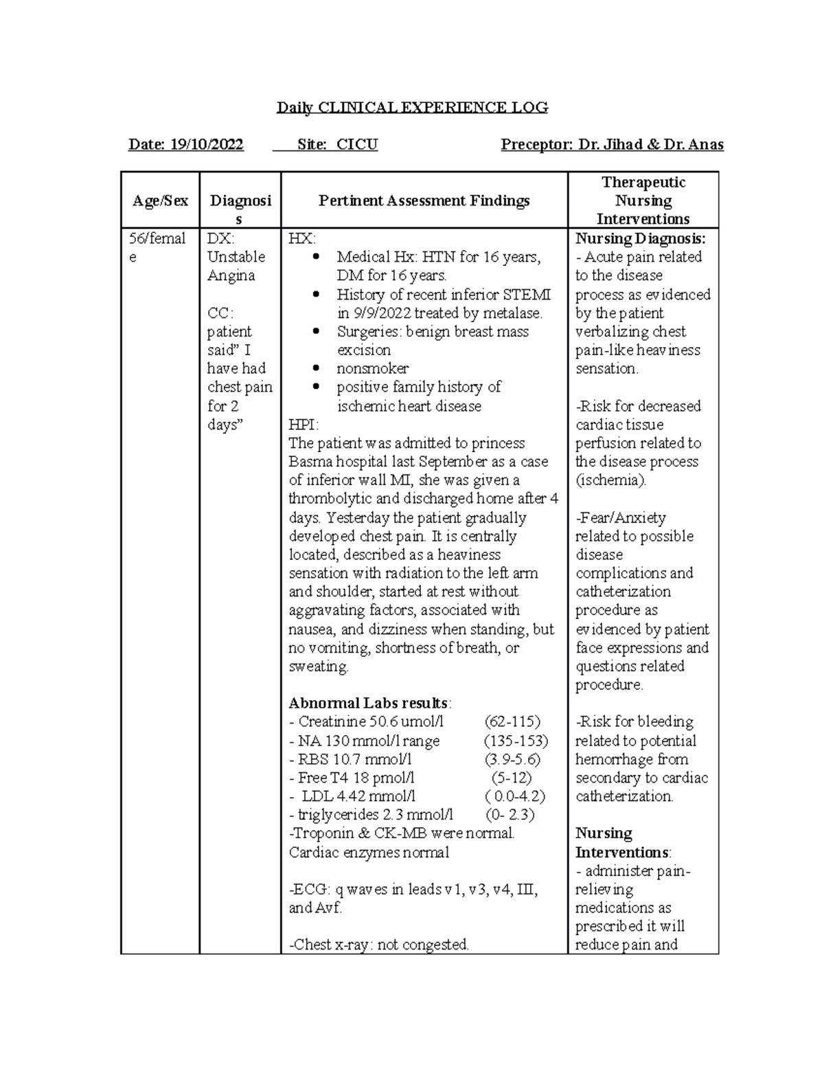 Hashim daily log 1 - log - Daily CLINICAL EXPERIENCE LOG Date: 19/10 ...