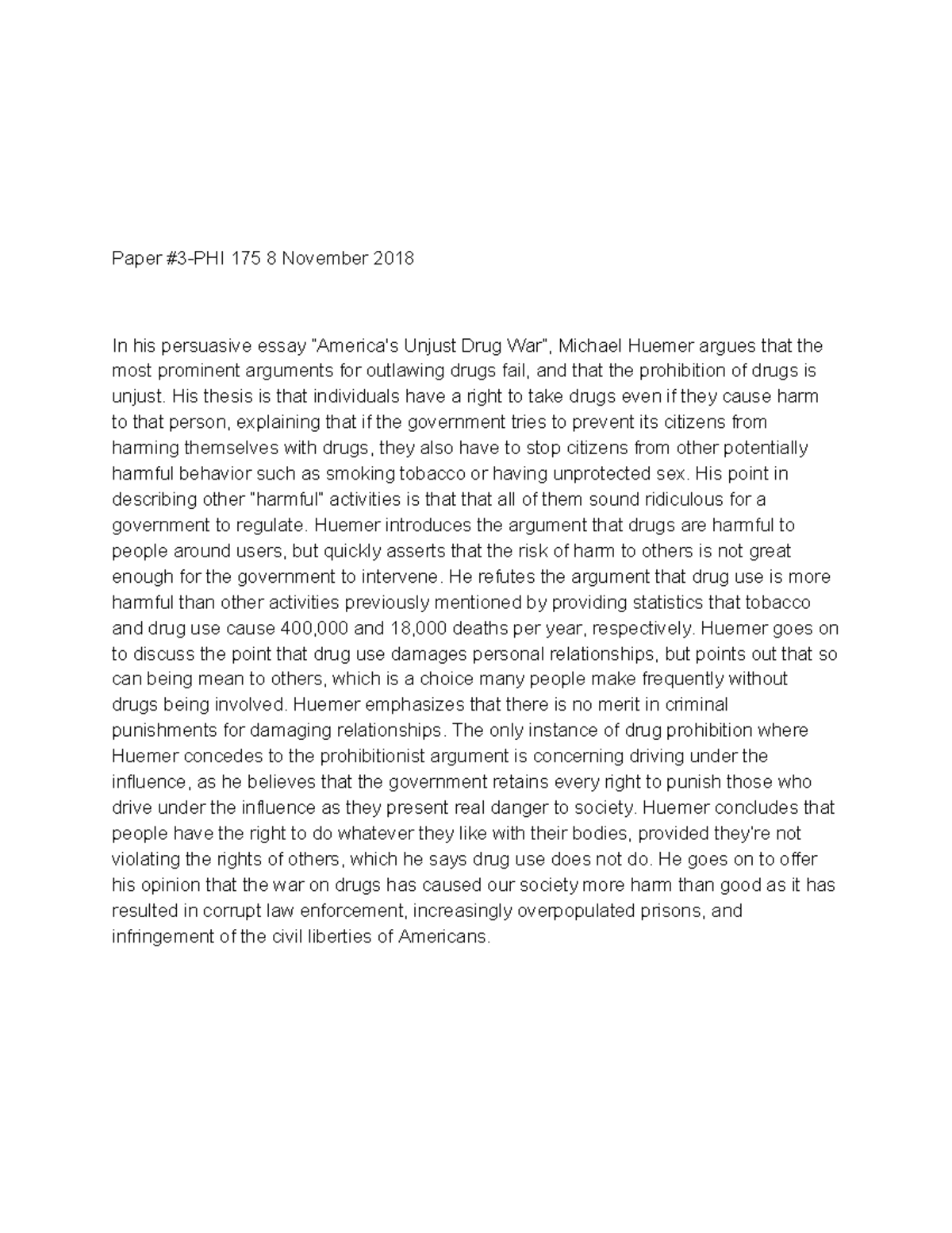 Paper 3 phi 175 - essay #3 - Paper #3-PHI 175 8 November 2018 In his ...