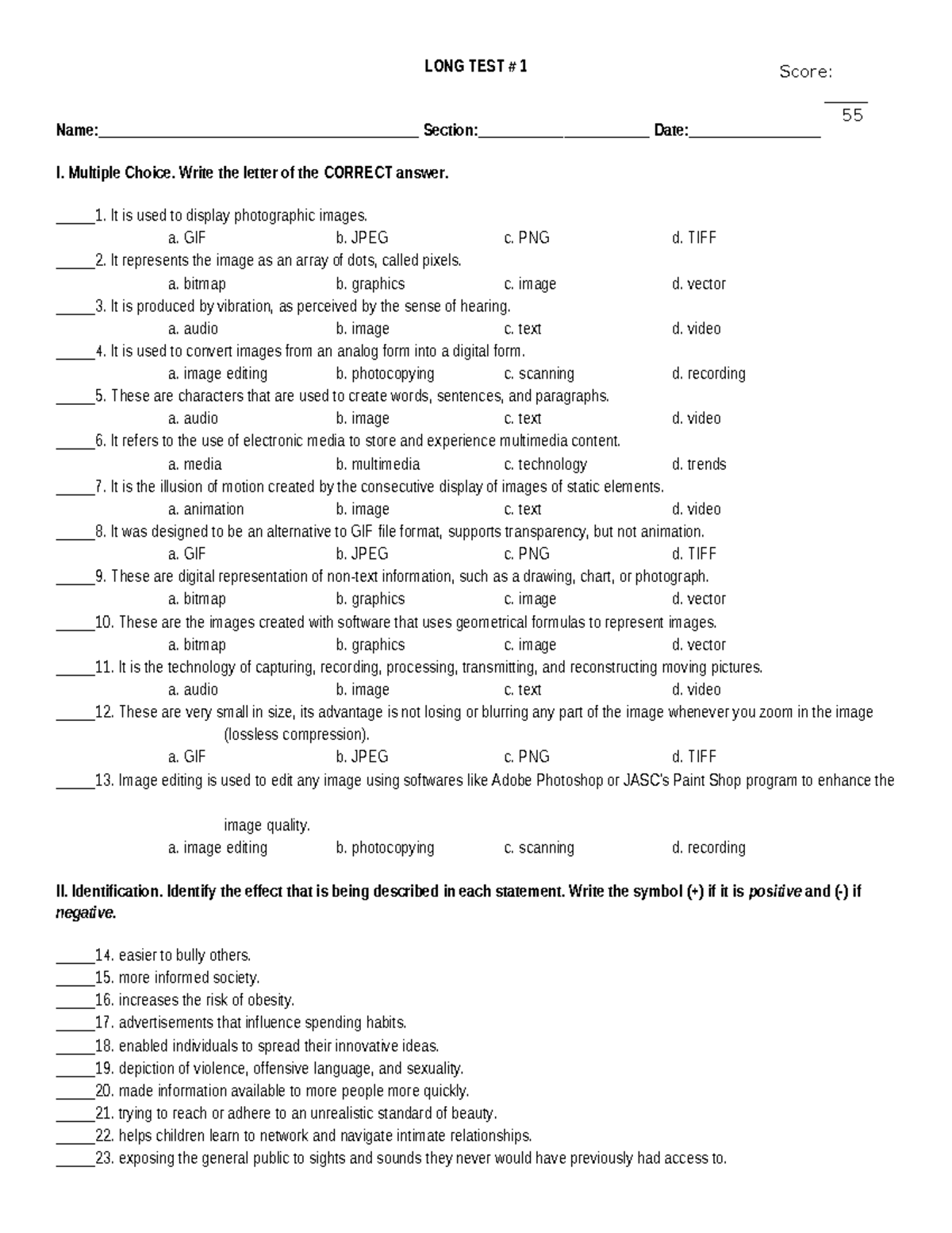 Long Test MIL - A test question for formative assessment. - Score ...