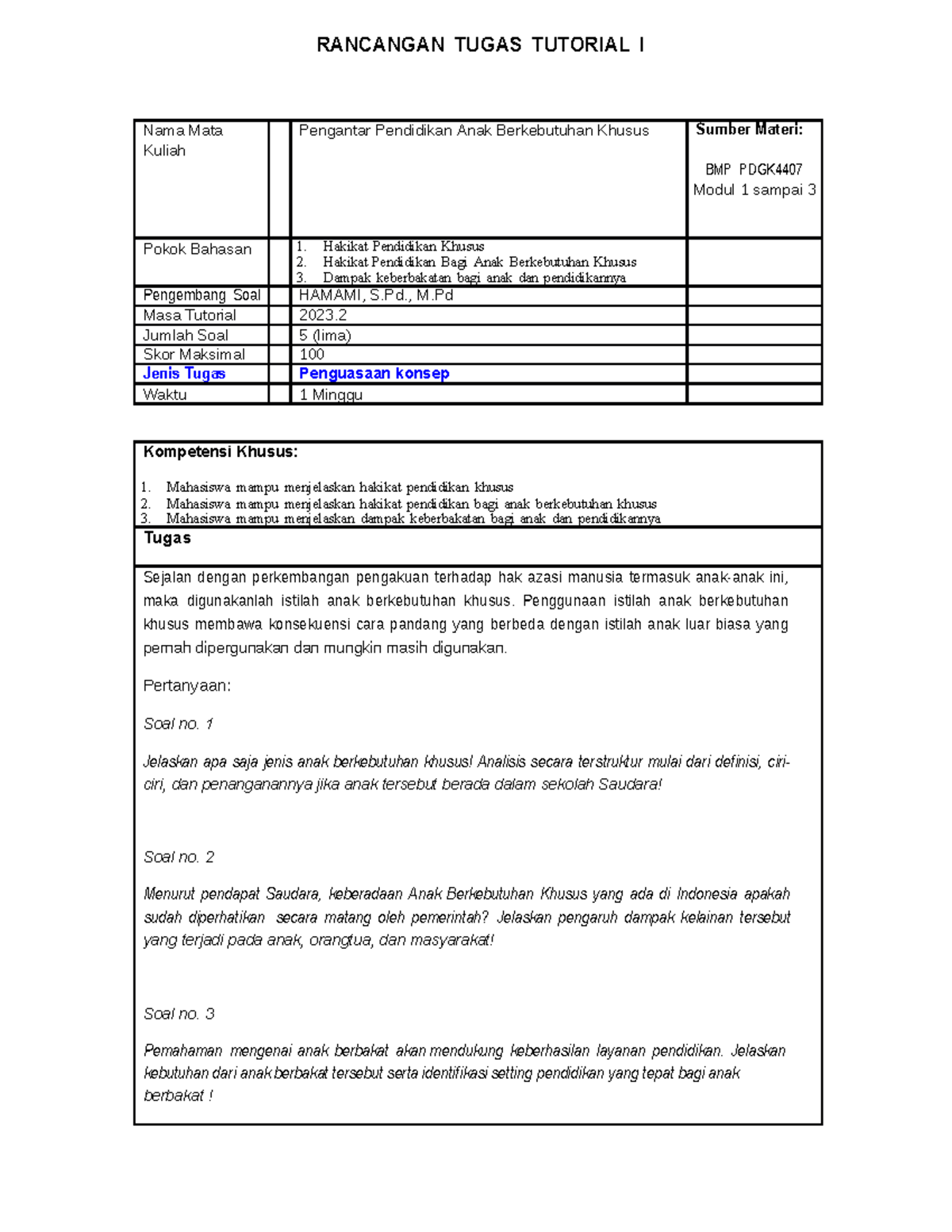 Tugas Tutorial 1 PDGK4407 2023.2 - RANCANGAN TUGAS TUTORIAL I Nama Mata ...