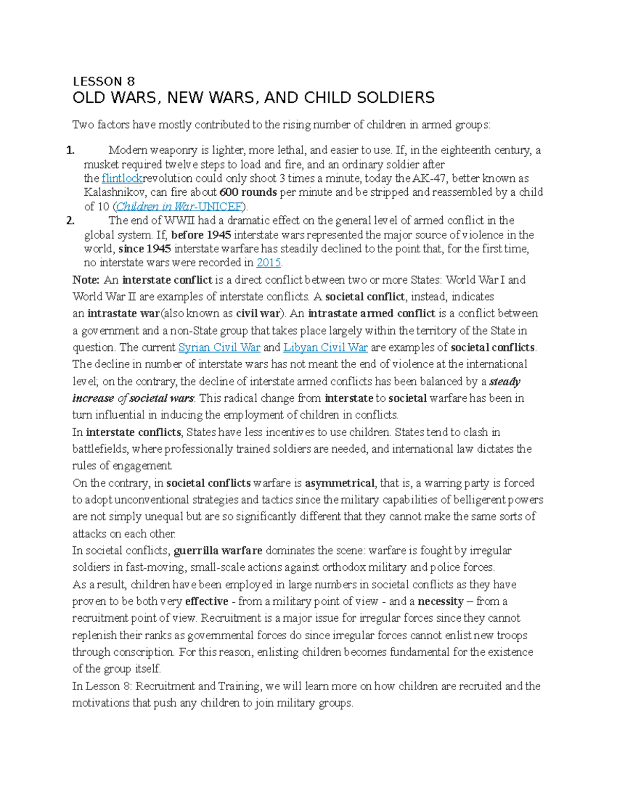 Lesson 8 HR320 Notes - LESSON 8 OLD WARS, NEW WARS, AND CHILD SOLDIERS ...