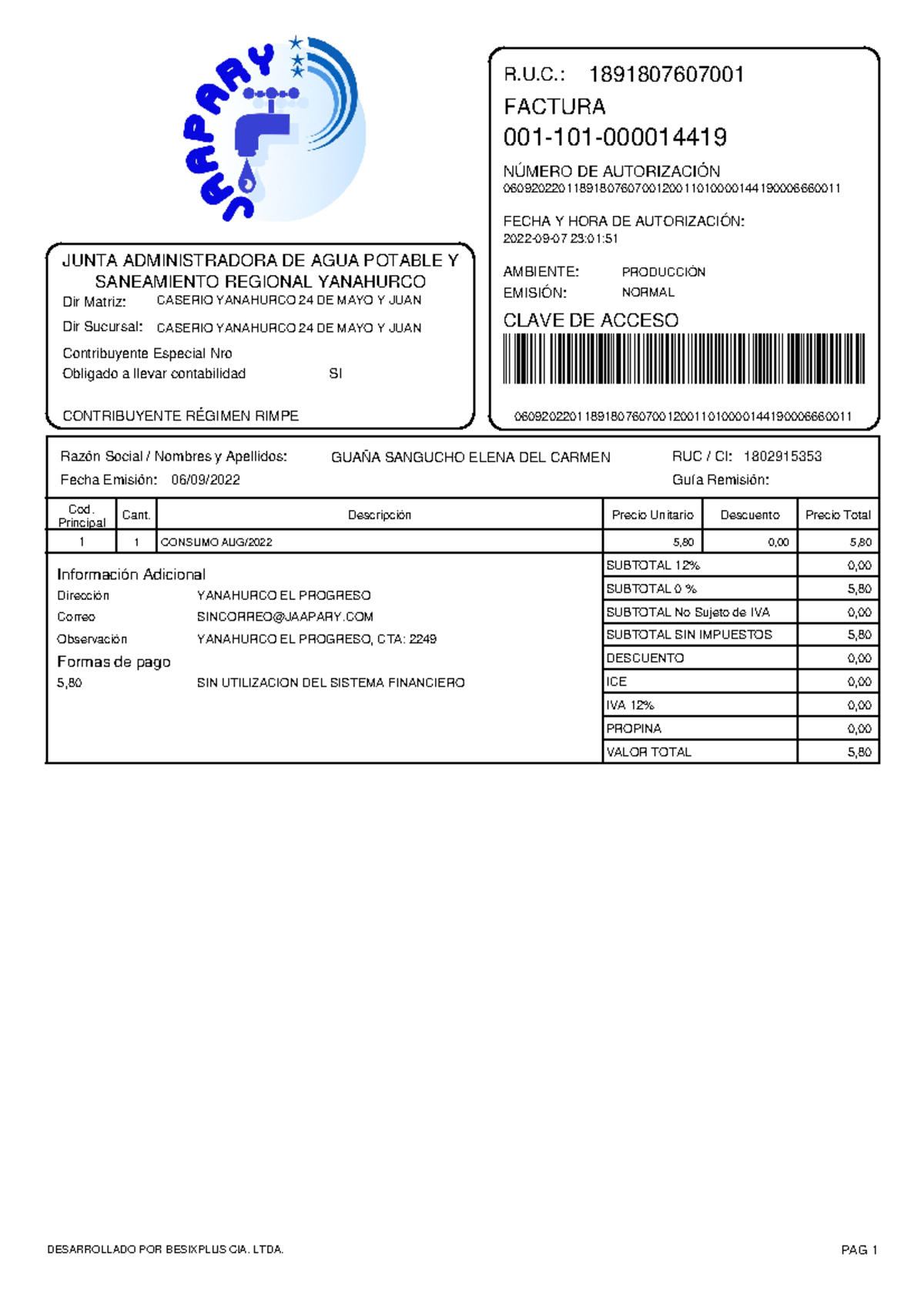 1802915353 001-101-000014419 - Dir Matriz: Dir Sucursal: Contribuyente ...