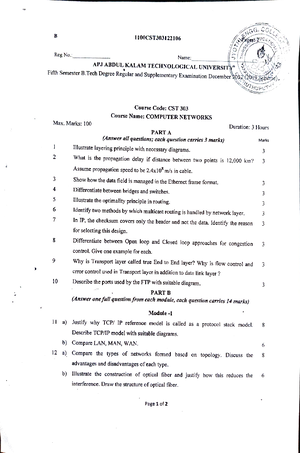 CST303 Computer Network JUNE 2024 - B 1100CST303122102 Pages: 2 ENGG COLLEGE Reg No.: Name ...