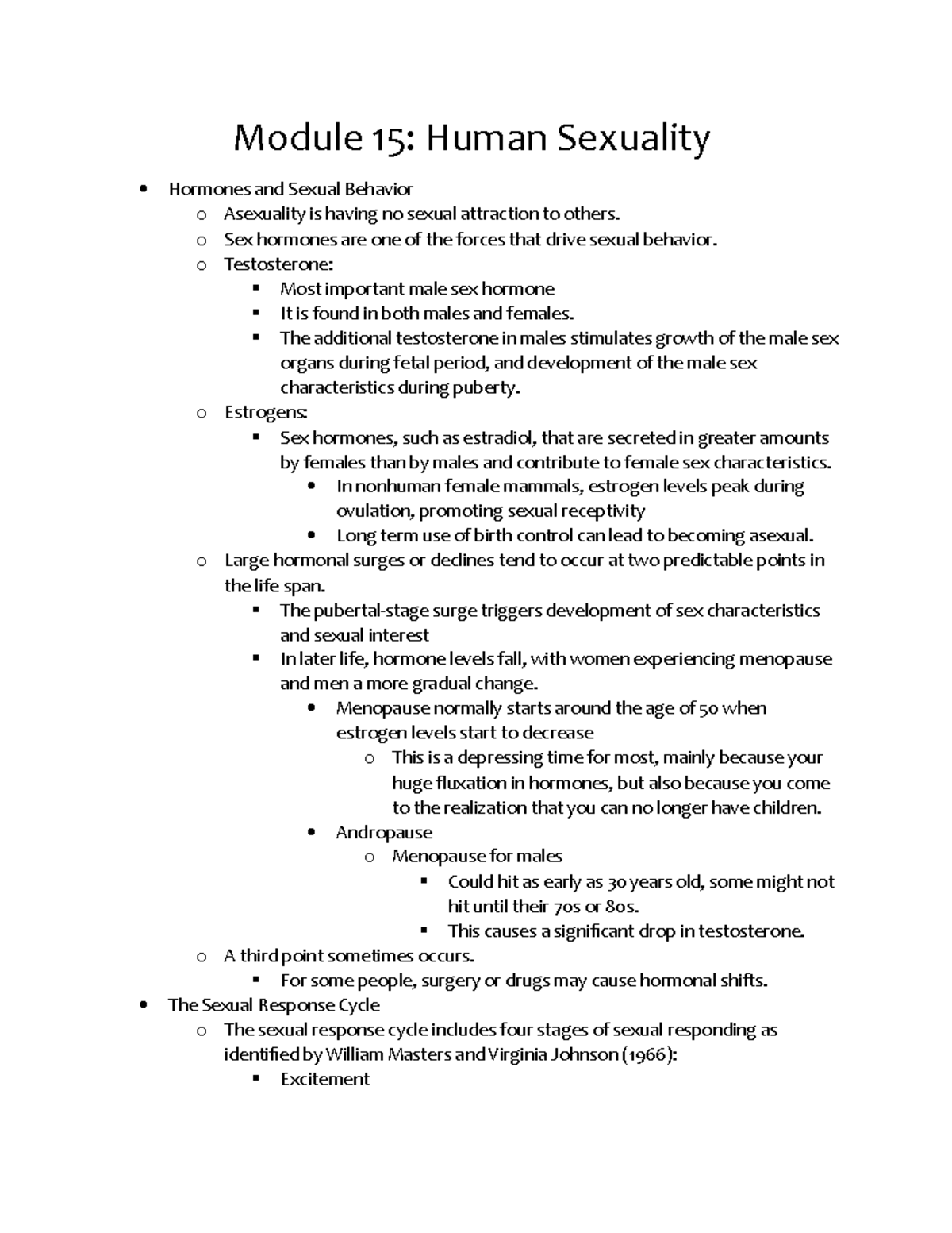 PSY1002 - Module 15 Notes - Module 15: Human Sexuality Hormones and ...