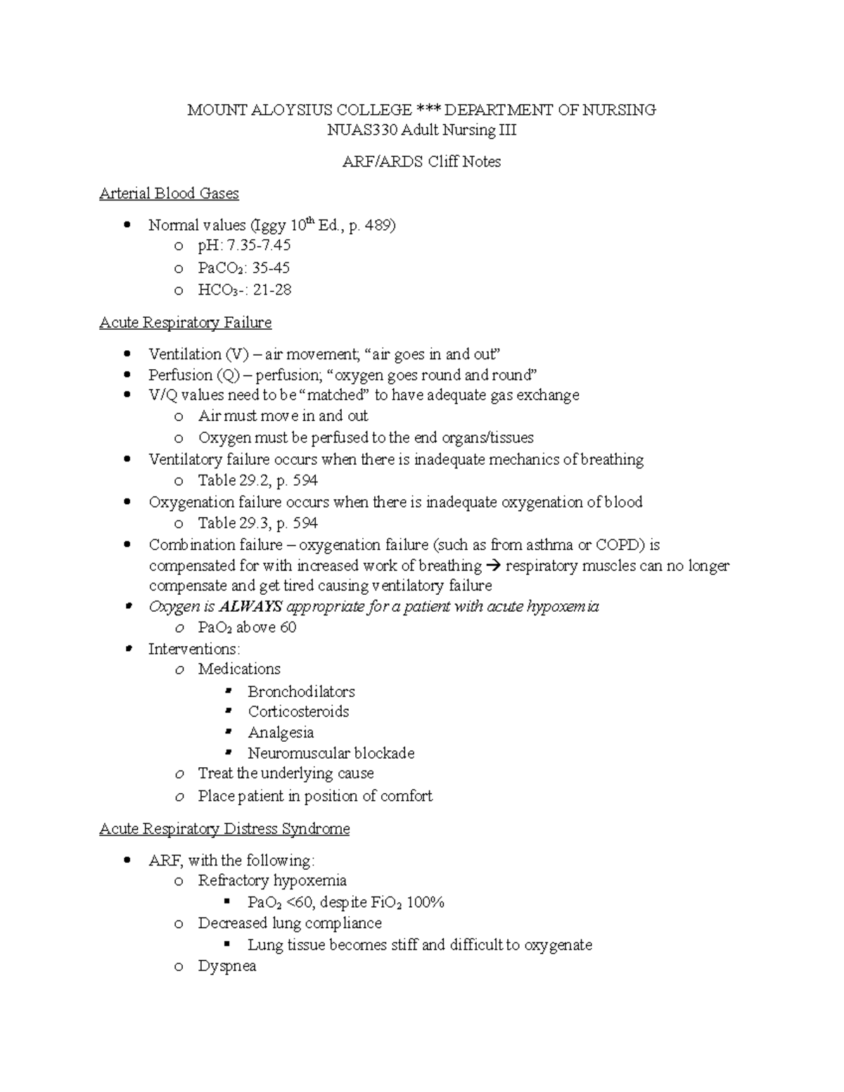 ARF ARDS Cliff Notes - Cheat sheet to help with the concepts of ARDs ...