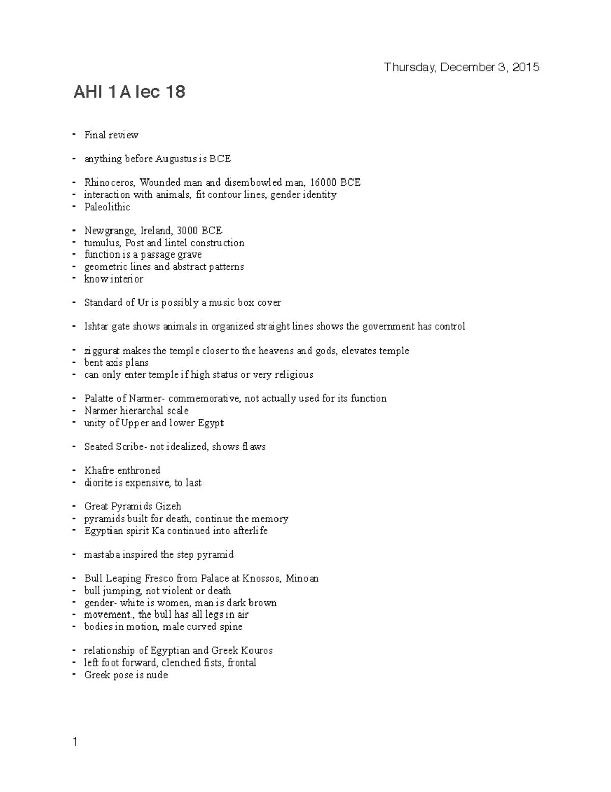 AHI 1A lec 18 - Summary Ancient Mediterranean Art - Thursday, December ...