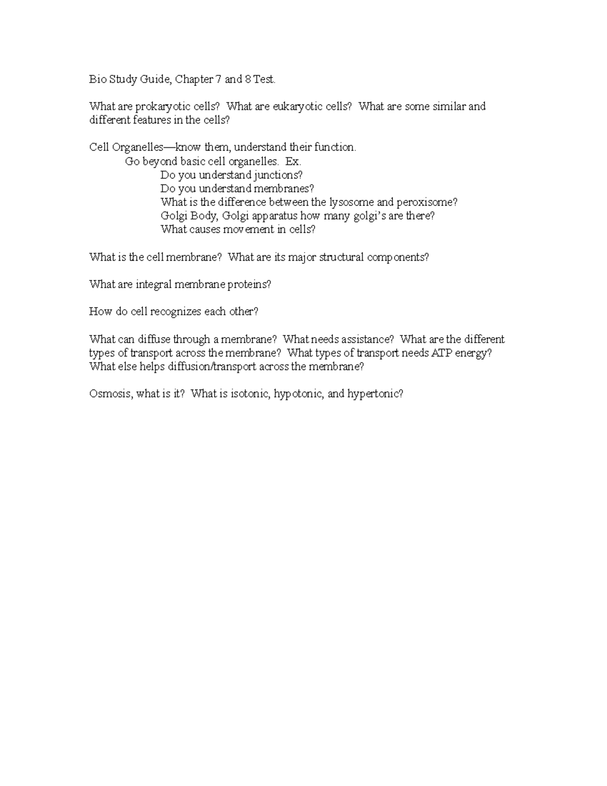 Cell Structure and Membrane Study Guide - Bio Study Guide, Chapter 7 ...