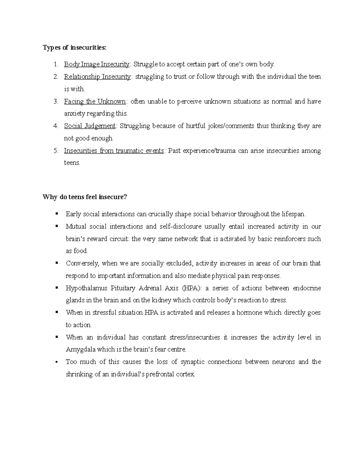 psychology mid question materials summer 2021 - Types of insecurities ...