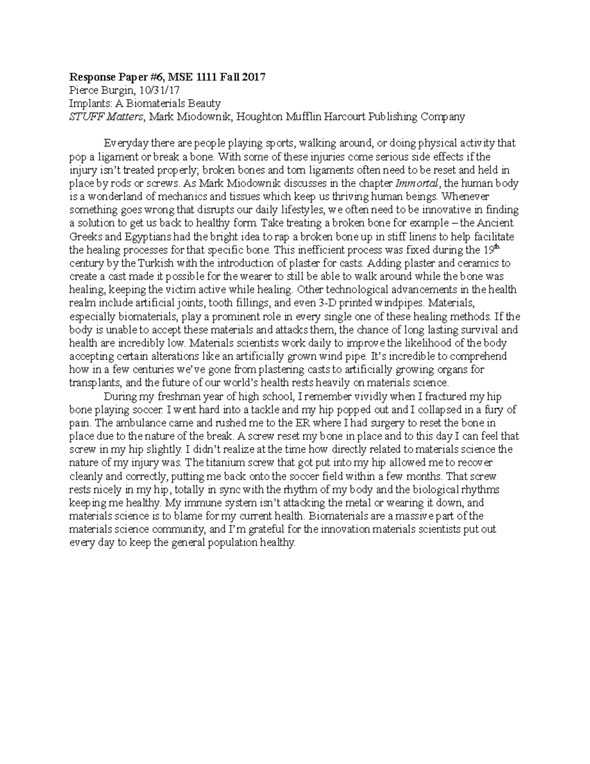 Response Paper 6 Intro to MSE - Response Paper #6, MSE 1111 Fall 2017 ...