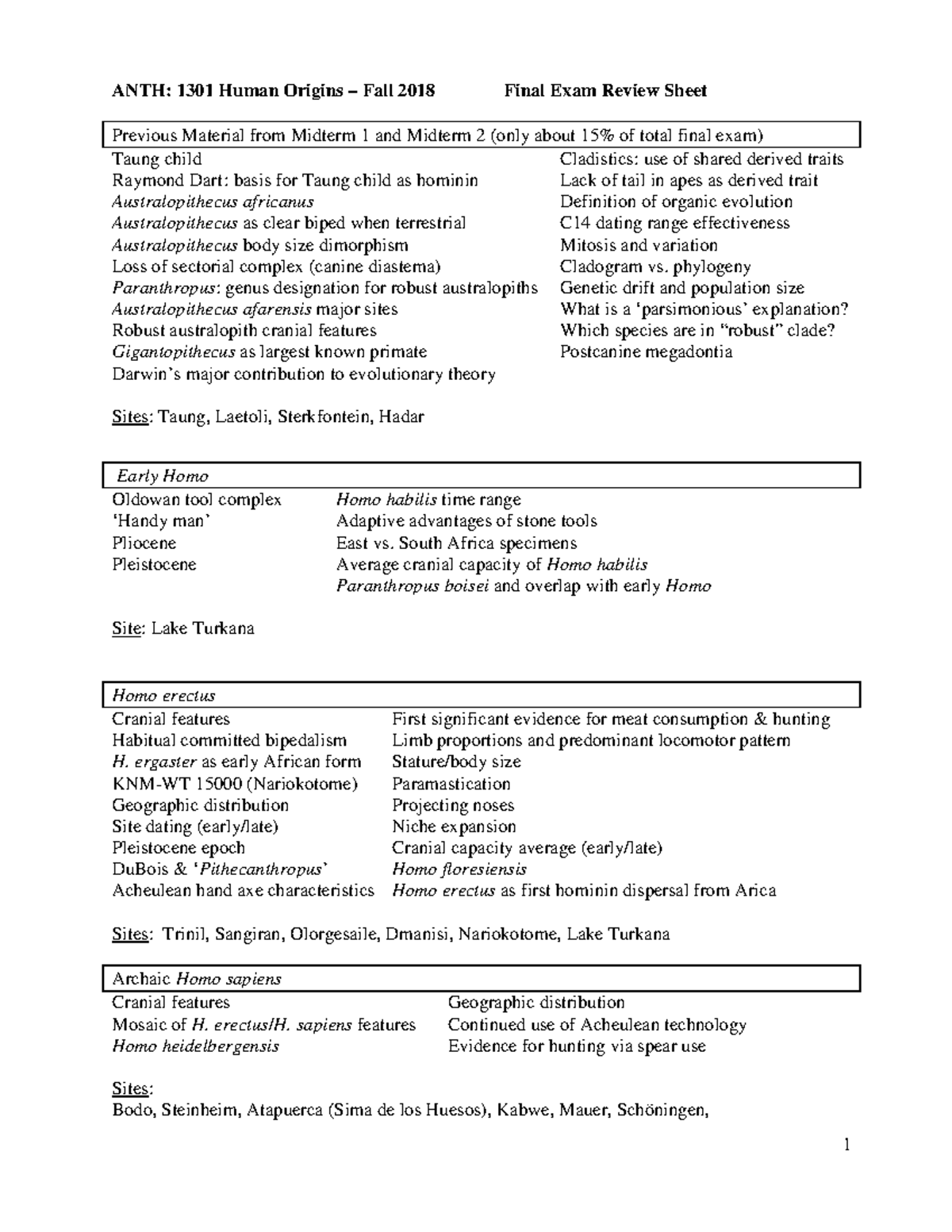 Final Exam Review Sheet Fall 2018 - 1 ANTH: 1301 Human Origins – Fall ...