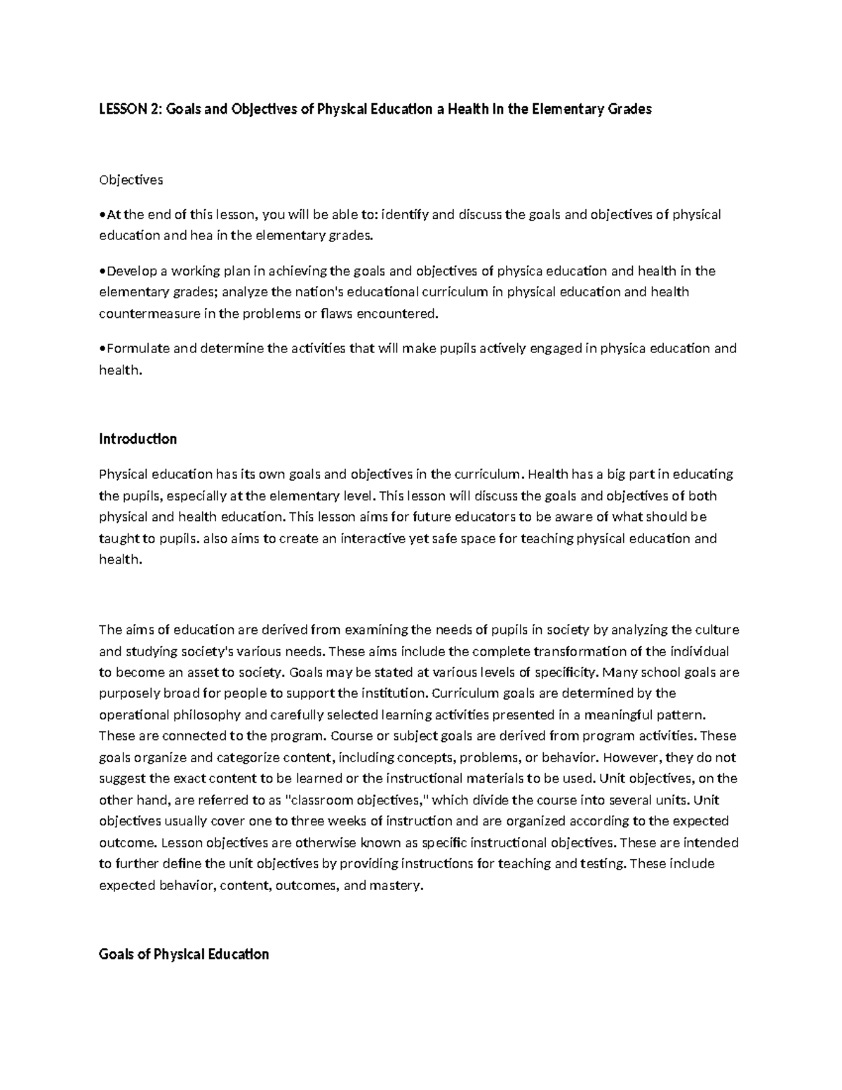 Lesson 2 Group 1[55] PE - LESSON 2: Goals and Objectives of Physical ...
