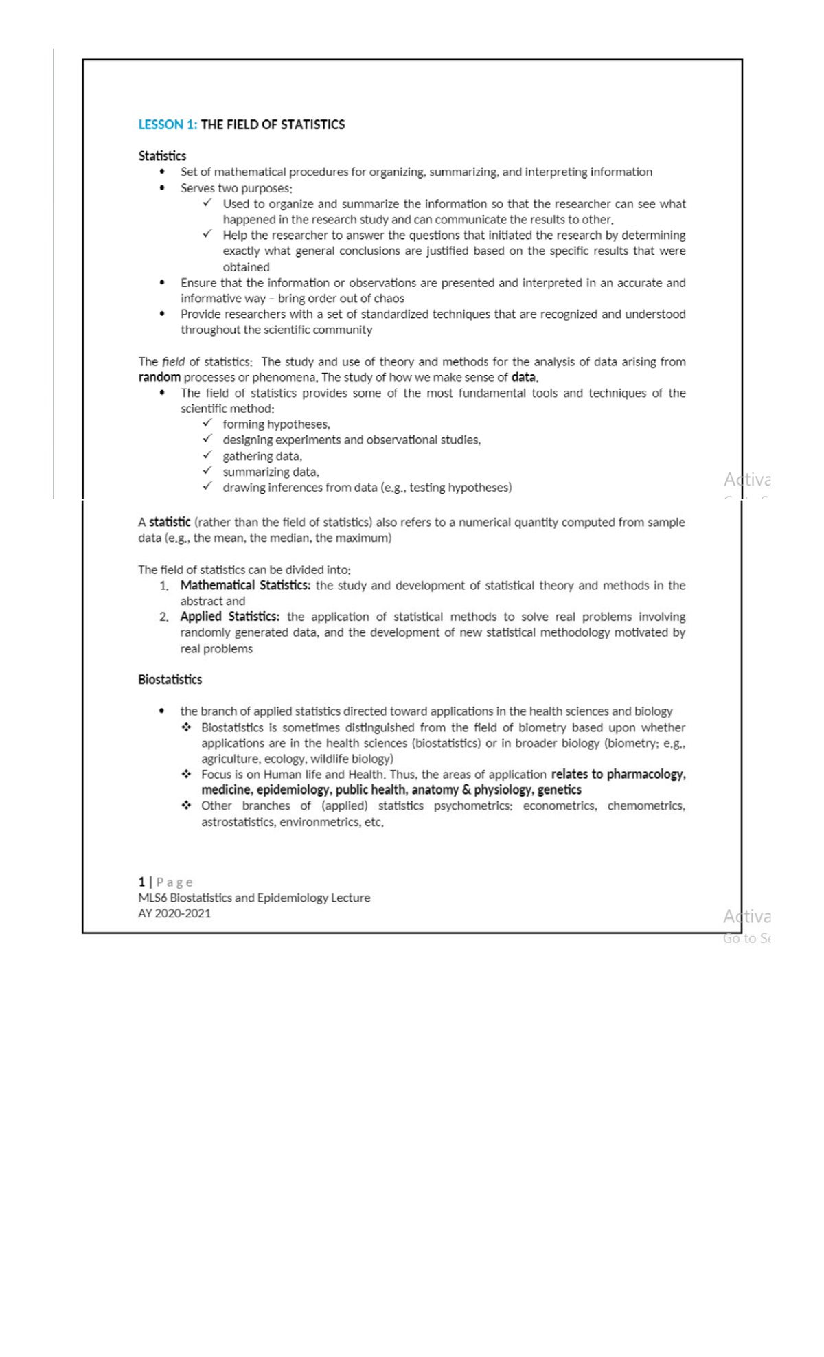 Module 1 Introduction to Biostatistics and Epidemiology - Medical Laboratory Science - Studocu