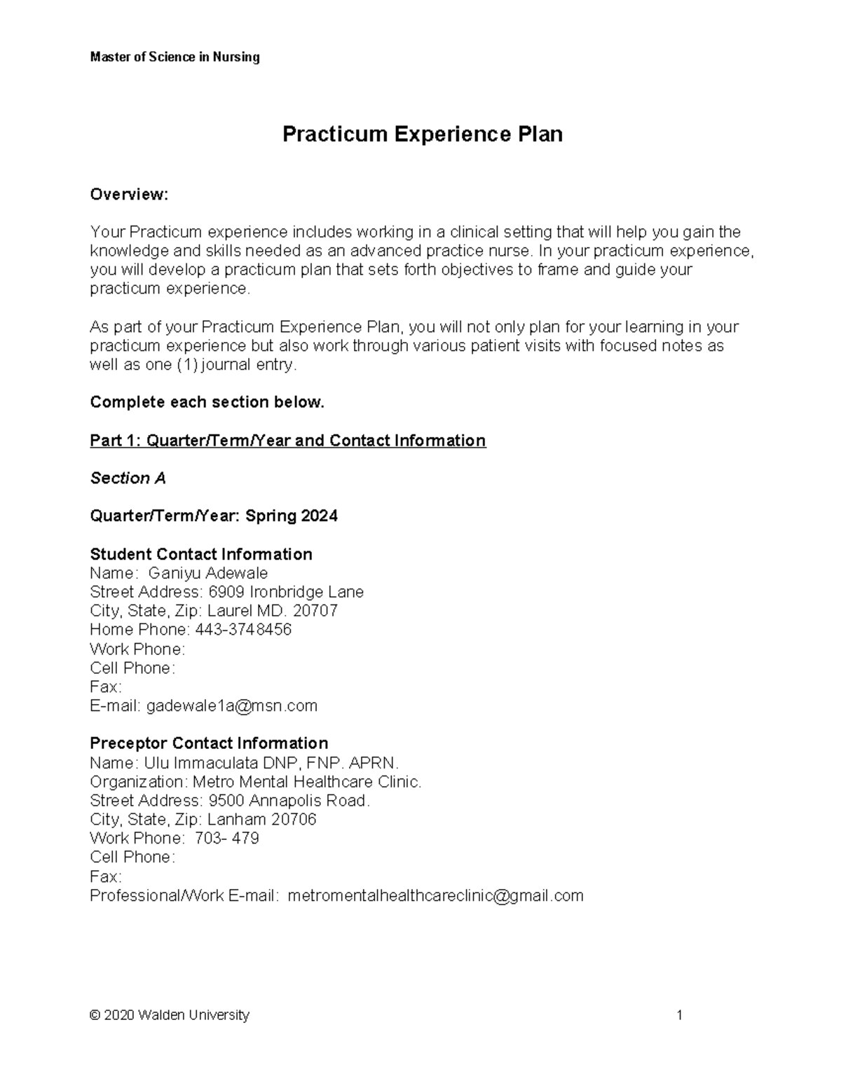 Practicum Experience Plan2 Blankform - Practicum Experience Plan ...